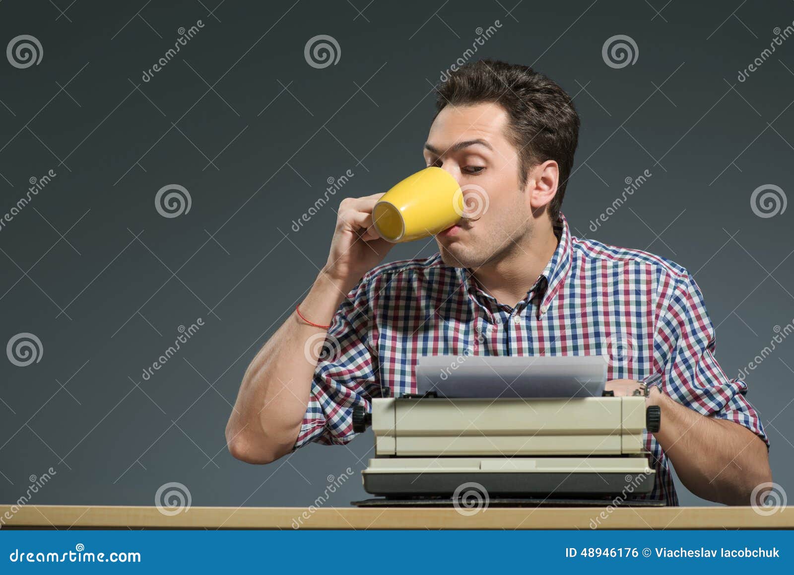 Author Drinking Coffee at Typewriter Stock Photo - Image of people ...