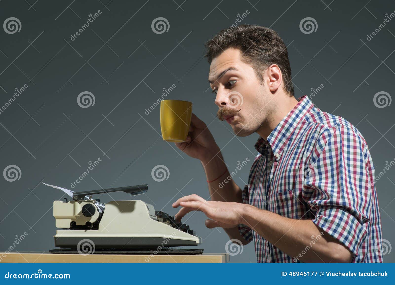 Author Drinking Coffee at Typewriter Stock Image - Image of confidence ...