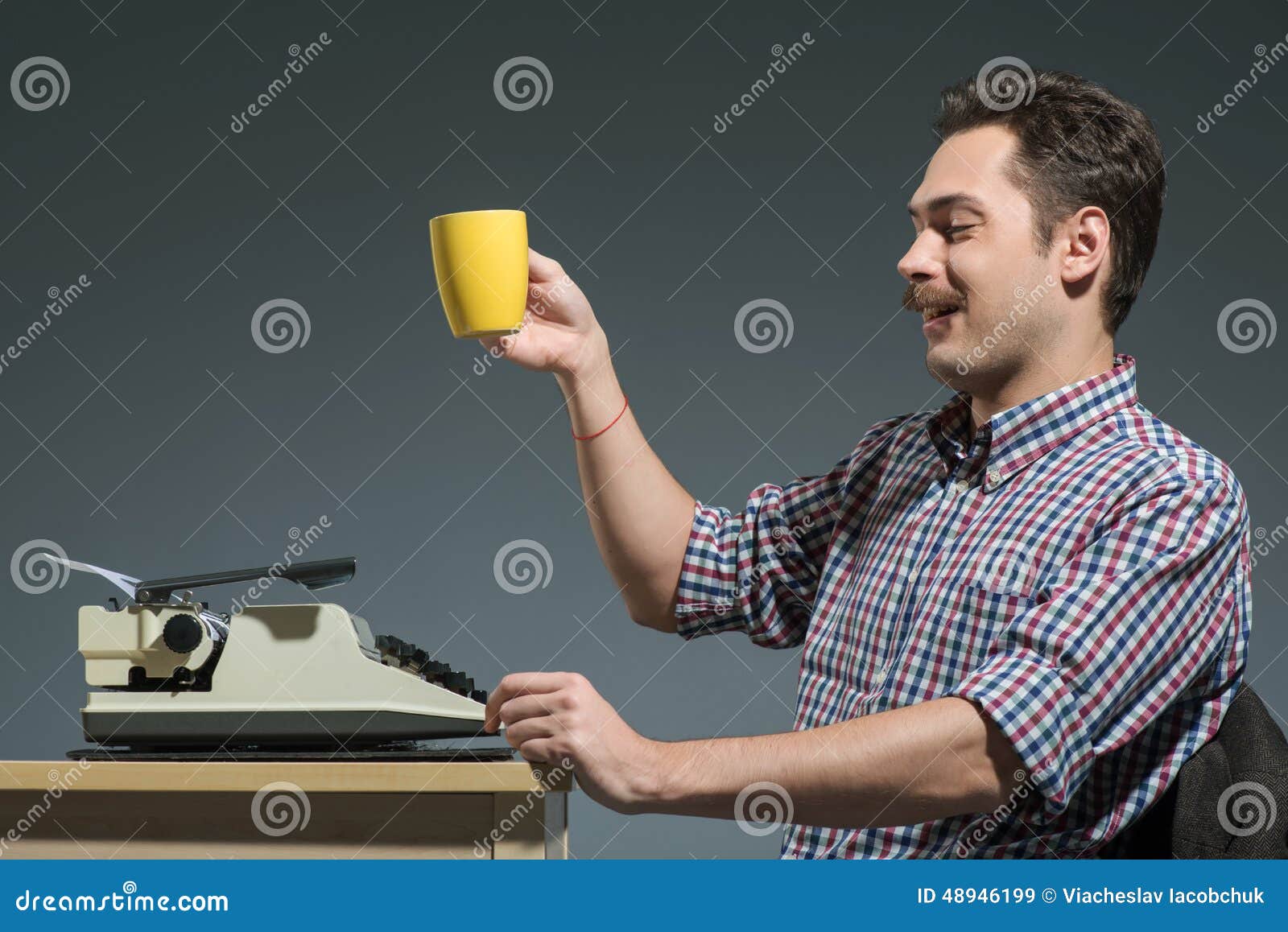 Author Drinking Coffee at Typewriter Stock Image - Image of pensive ...