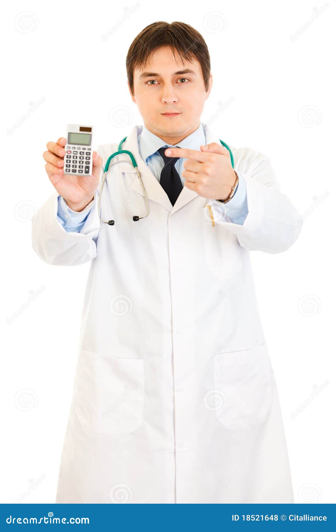 Authoritative Doctor Pointing Finger on Calculator Stock Photo - Image ...