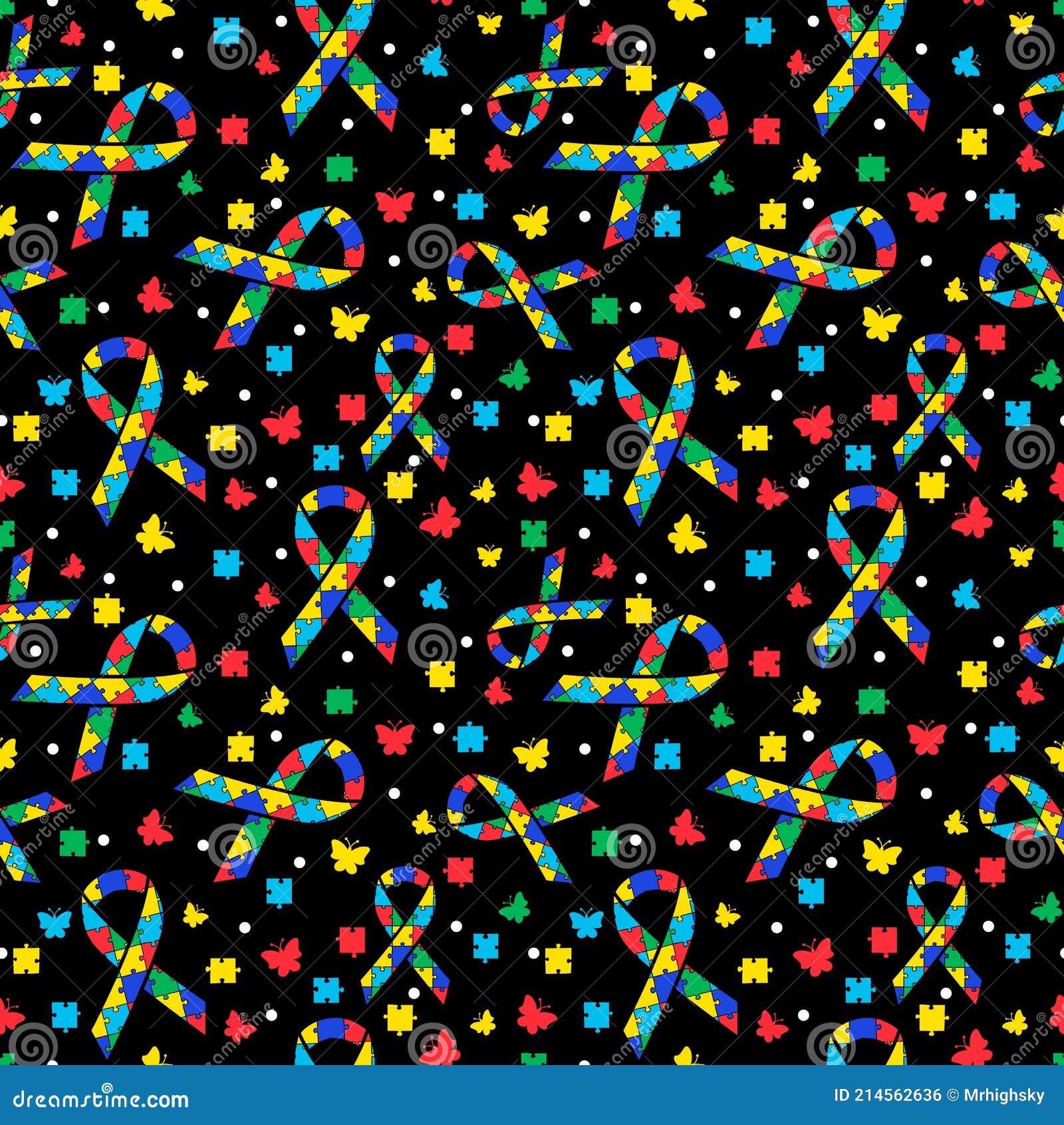 Autism Awareness Ribbons and Butterflies Seamless Pattern Stock Vector ...