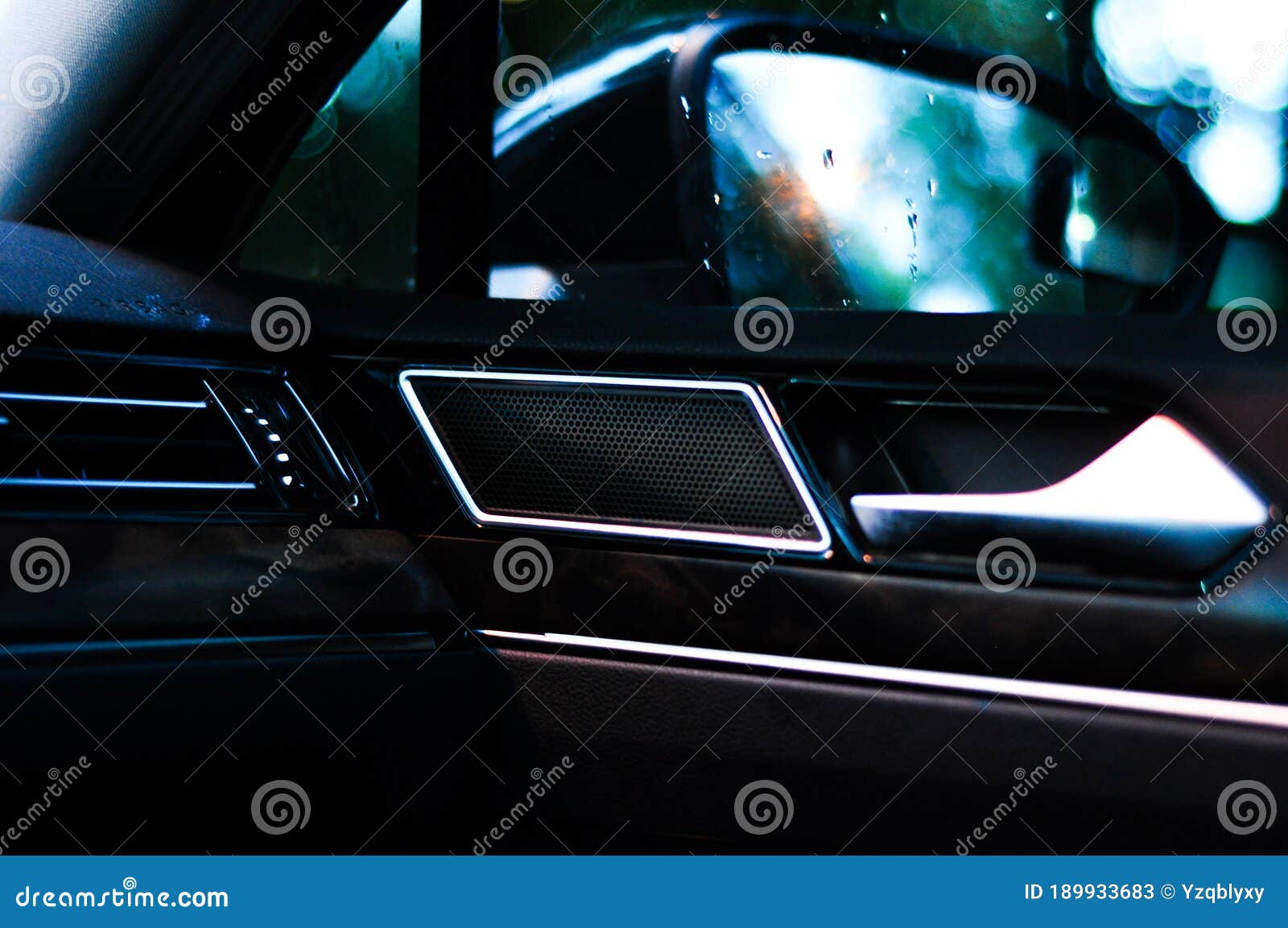 Auto Car Interior and Side Rearview Mirror at Night with Raining Stock ...