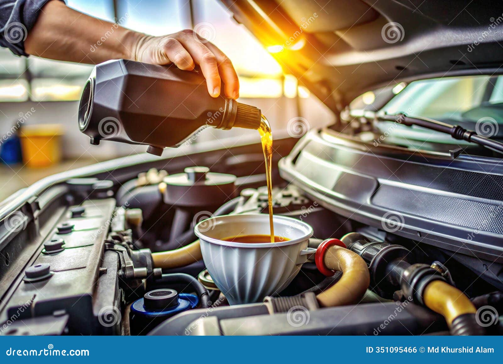 Auto Engine Oil Change Process with Mechanic Using High Quality Oil for ...