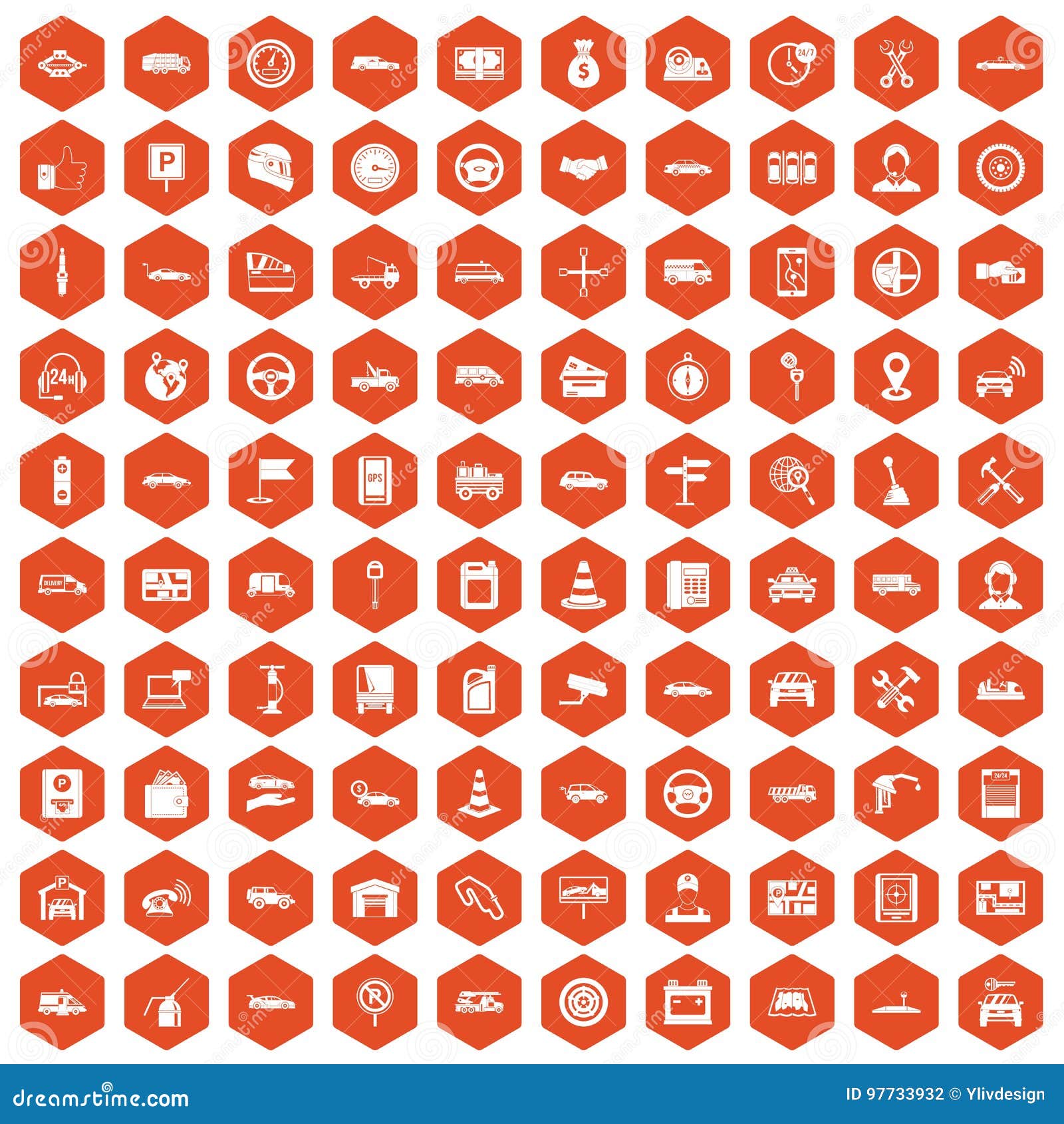 100 Auto Icons Hexagon Orange Stock Vector - Illustration of laptop ...