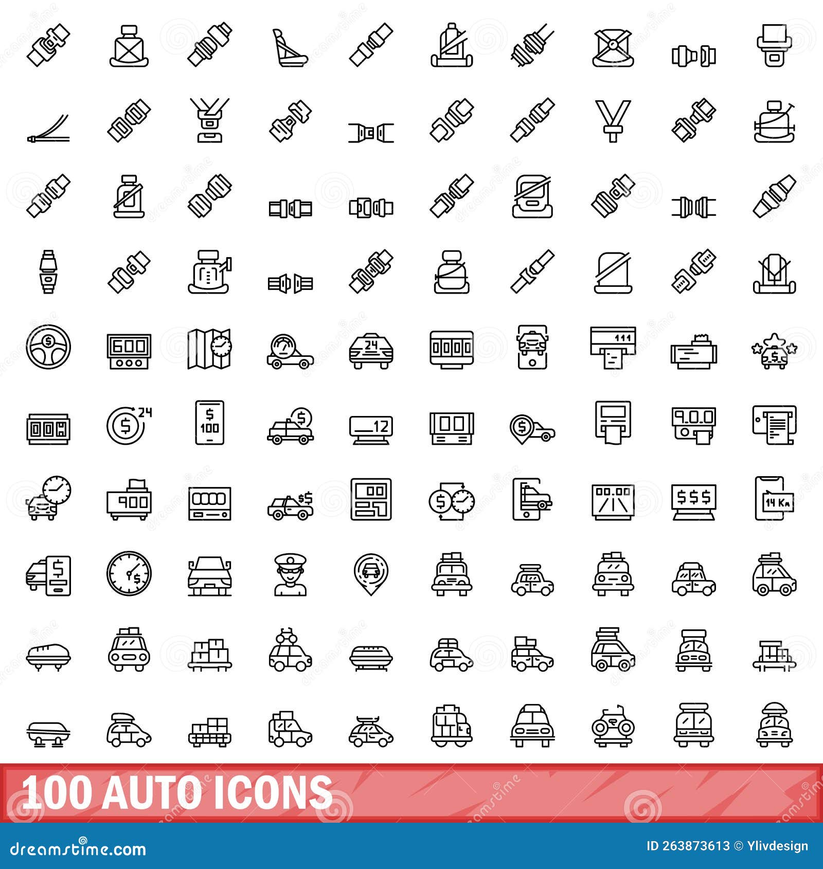 100 Auto Icons Set, Outline Style Stock Illustration - Illustration of ...