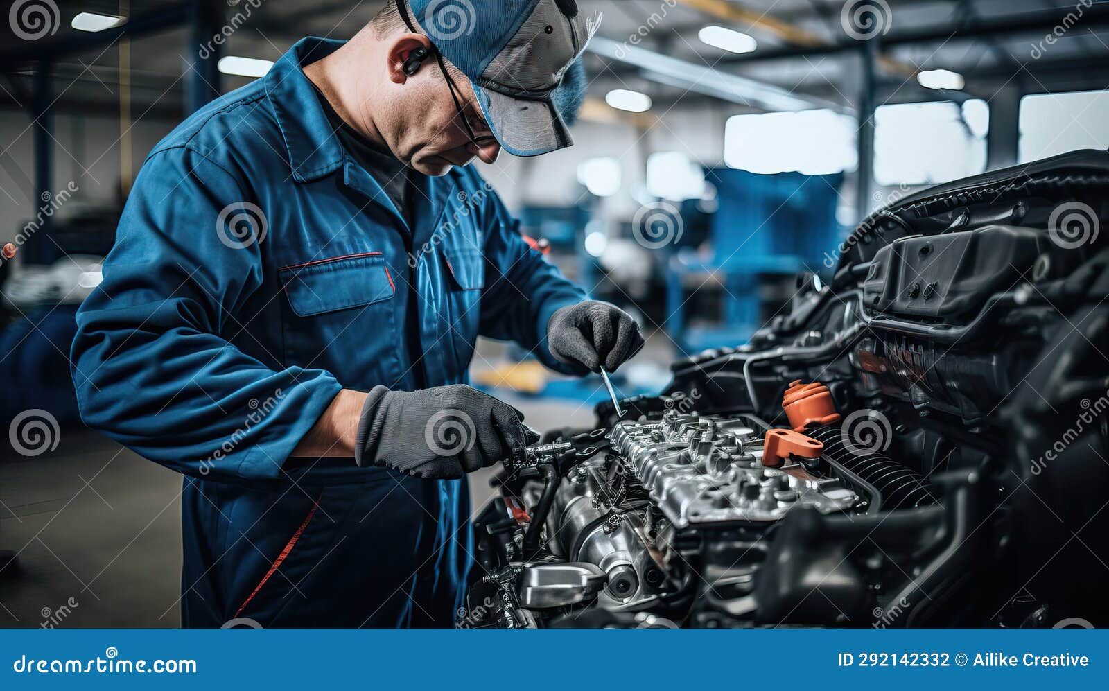Auto Mechanic Checking Car Engine in Auto Repair Shop Stock ...