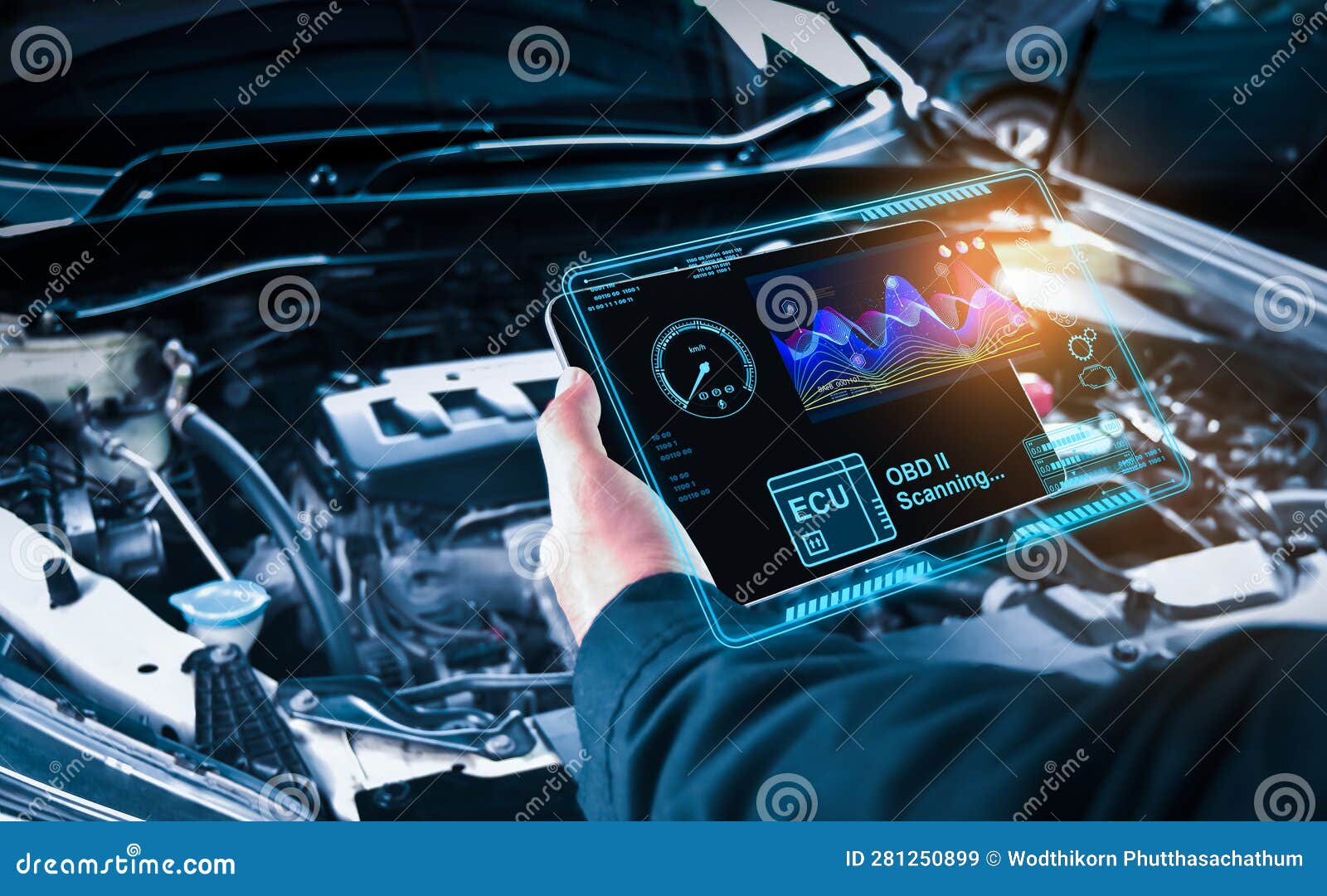 Auto Mechanic Checking ECU Engine System with OBD2 Wireless Scanning ...