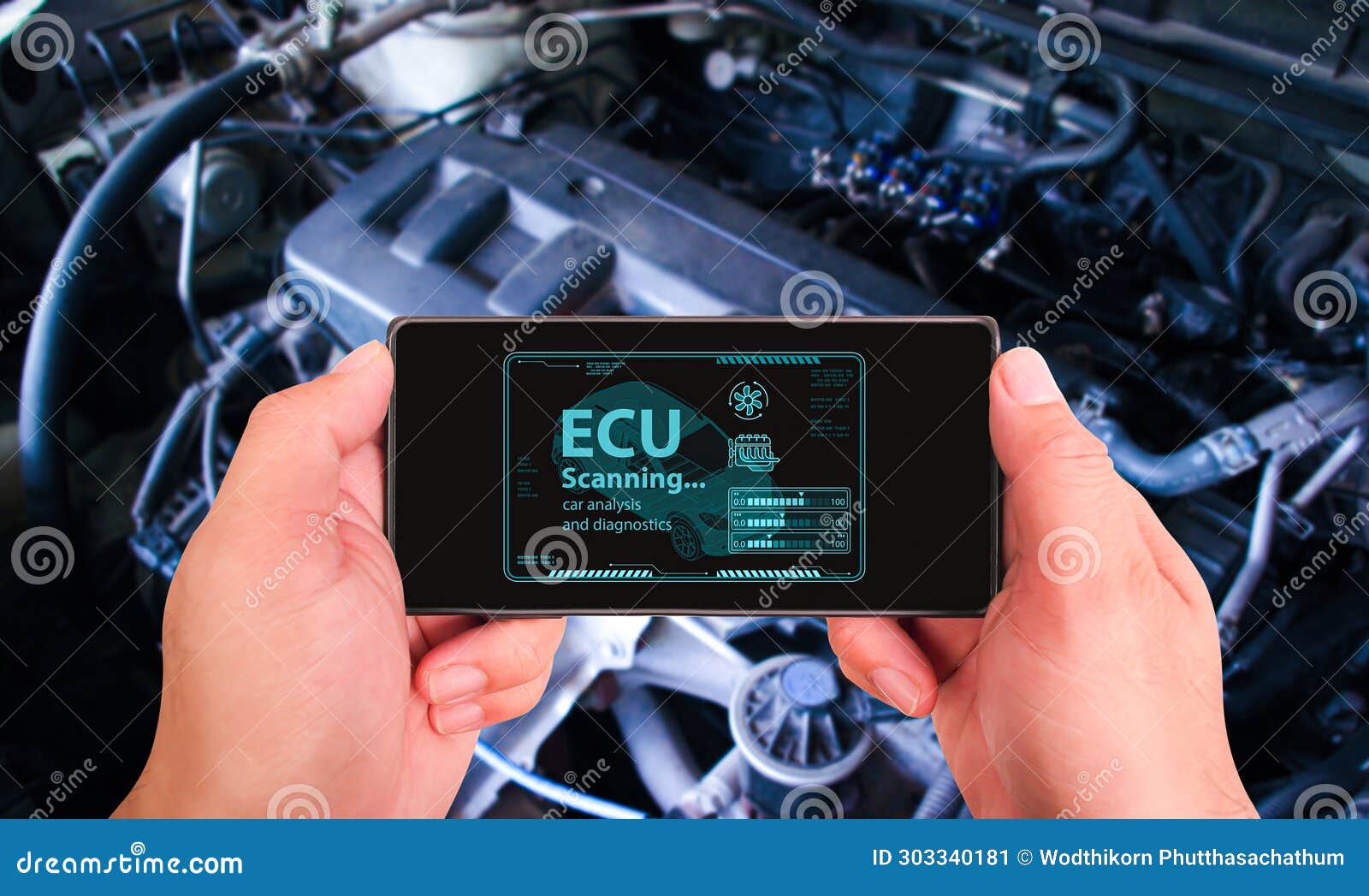 Auto Mechanic Checking ECU Engine System with OBD2 Wireless Scanning ...