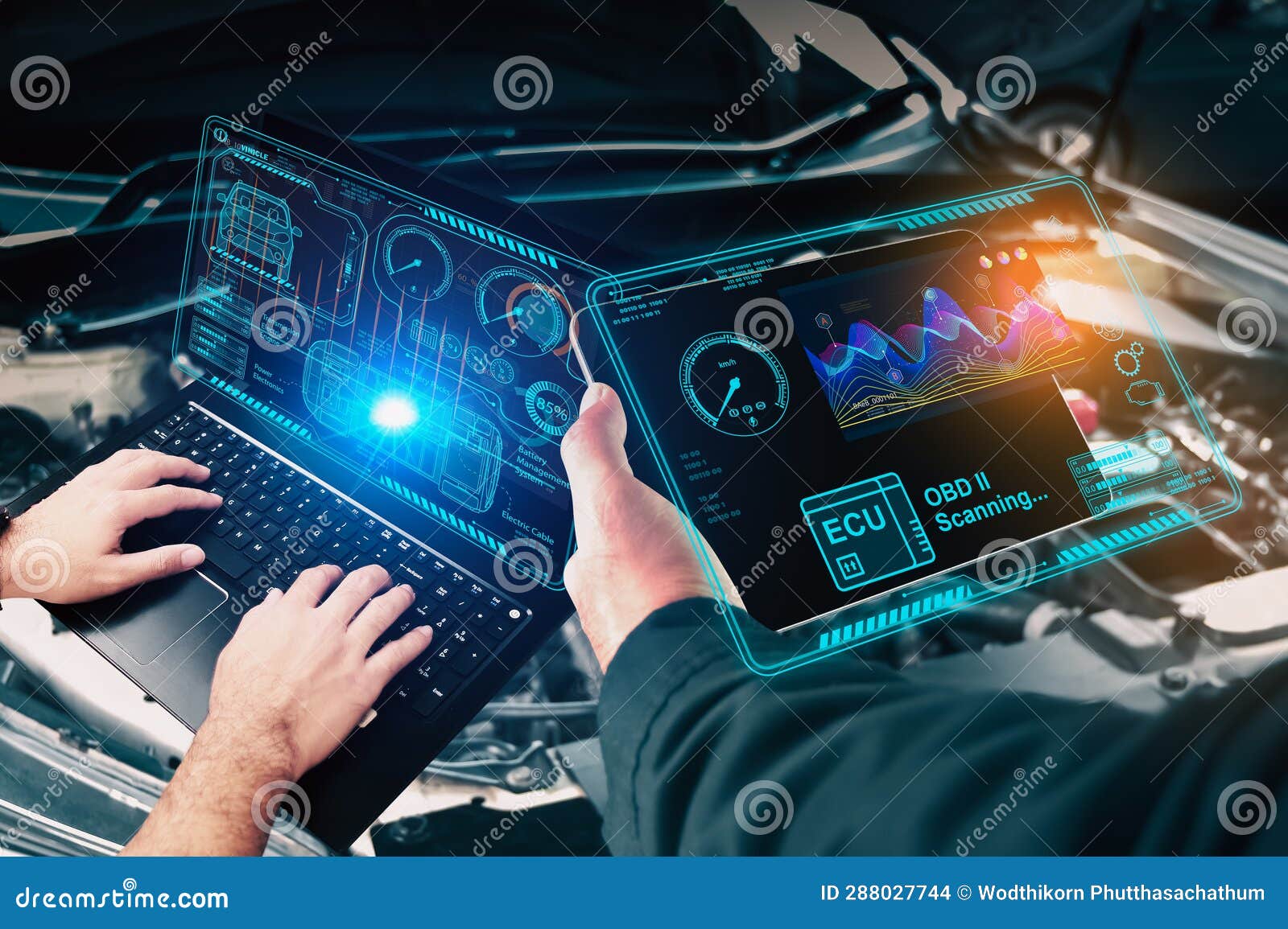 Auto Mechanic Checking ECU Engine System with OBD2 Wireless Scanning ...