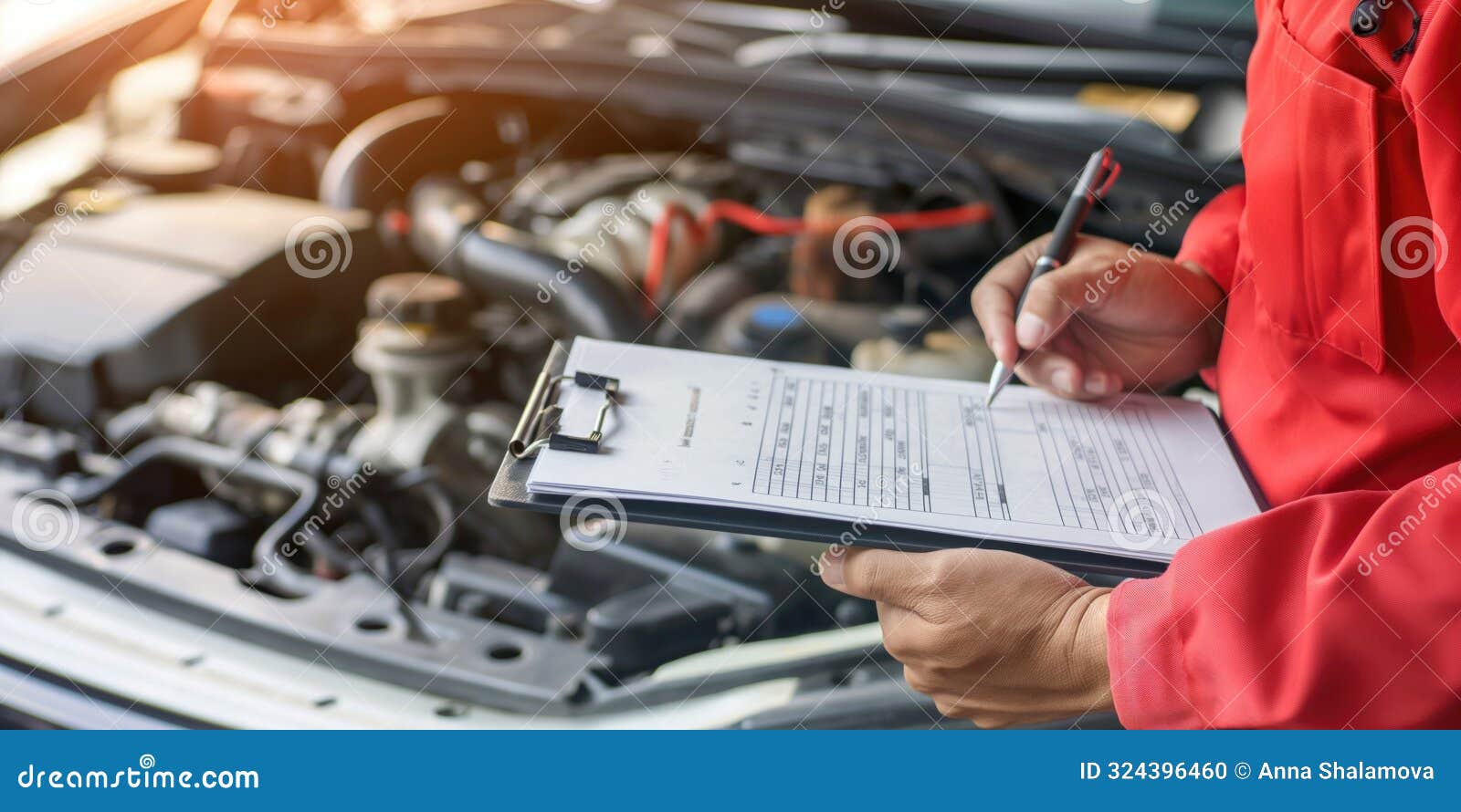 Auto Mechanic Inspecting Car Engine with Checklists. Vehicle Service ...