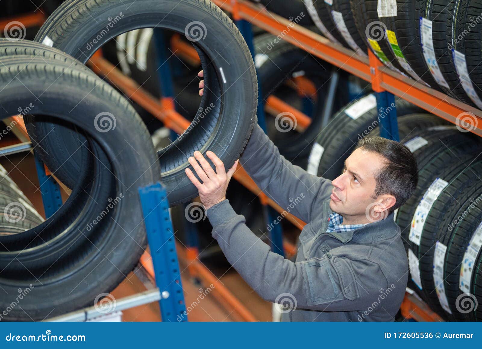 Auto Mechanic Picking Tire Size Stock Photo - Image of uniform, tire ...