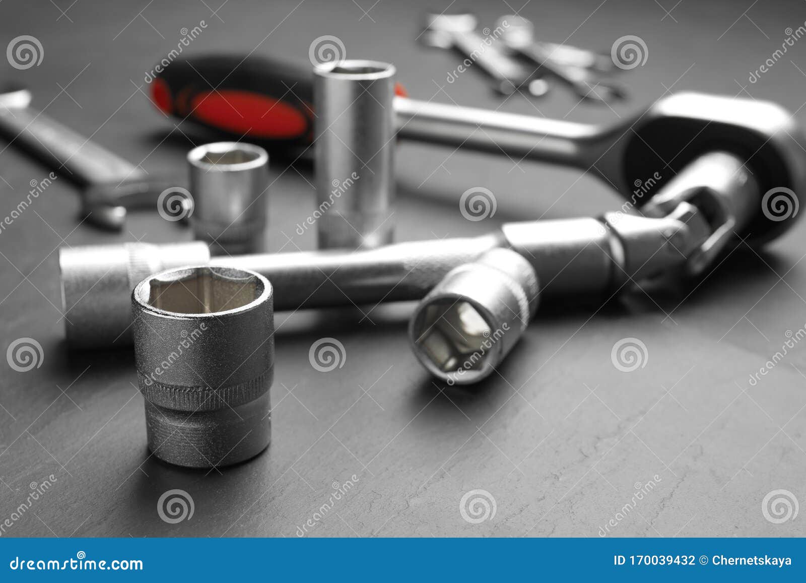 Auto Mechanic`s Tools on Grey Background, Closeup Stock Photo - Image ...