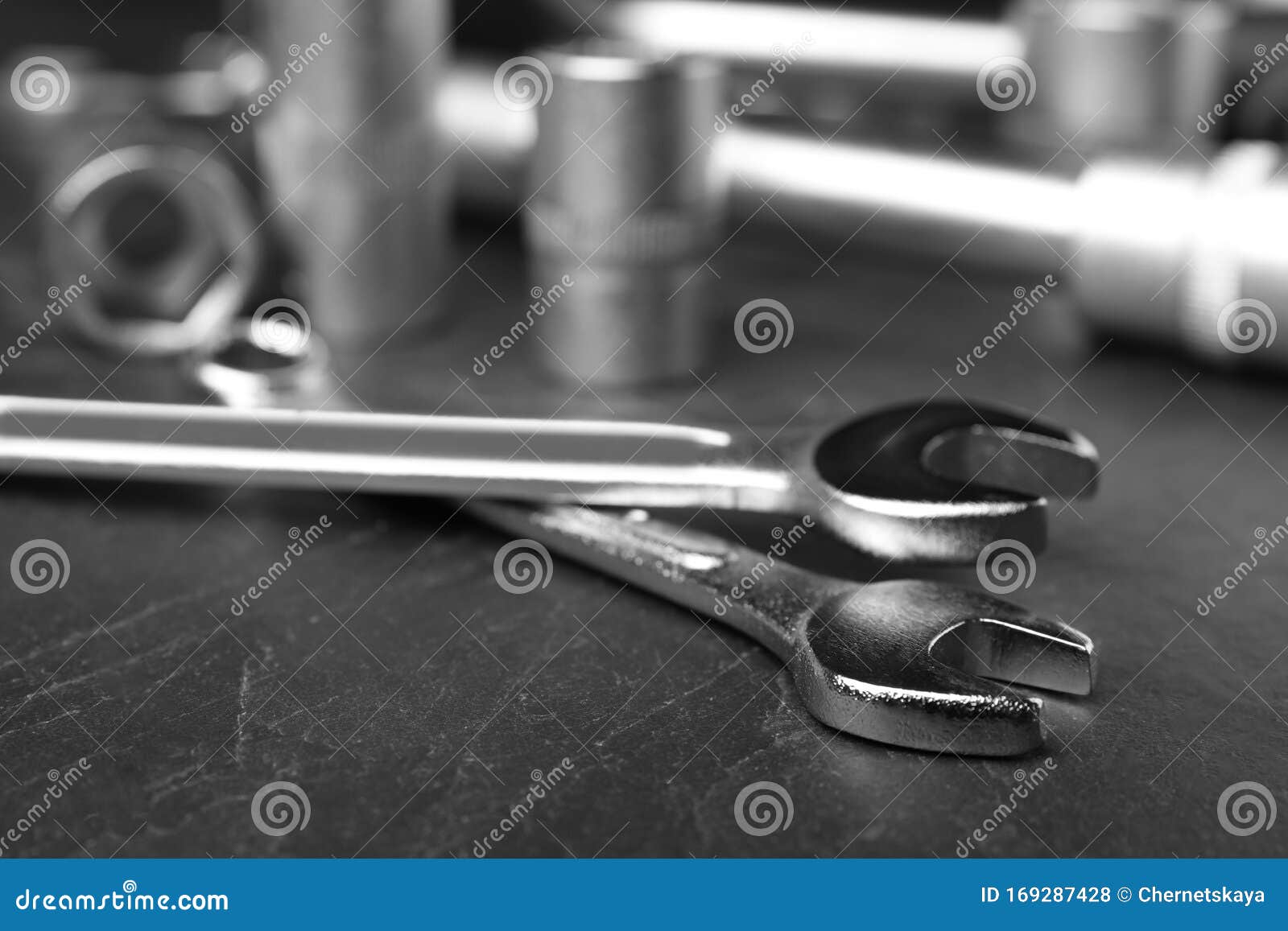 Auto Mechanic`s Tools on Grey, Closeup Stock Photo - Image of iron ...