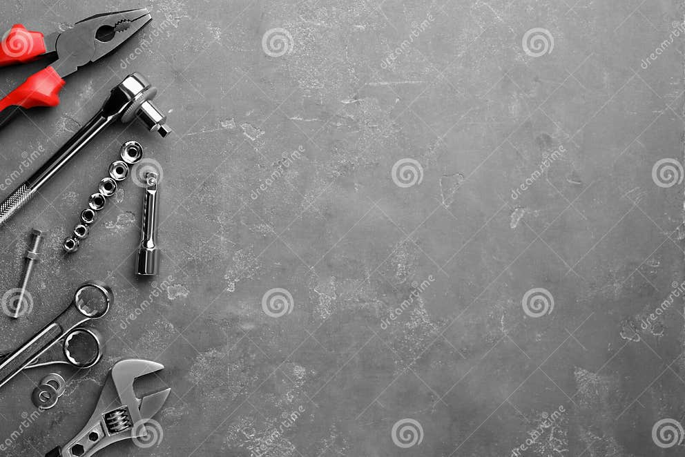 Auto Mechanic`s Tools on Grey Table, Flat Lay. Space for Text Stock ...
