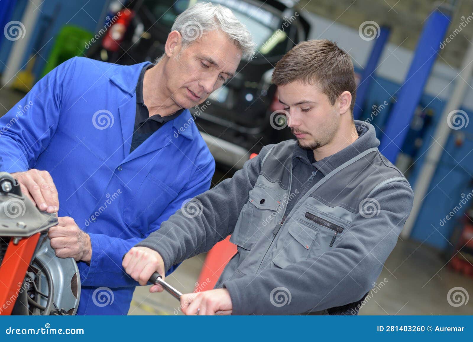 Auto Mechanic Shows Trainee Maintenance Car Engine Stock Photo - Image ...
