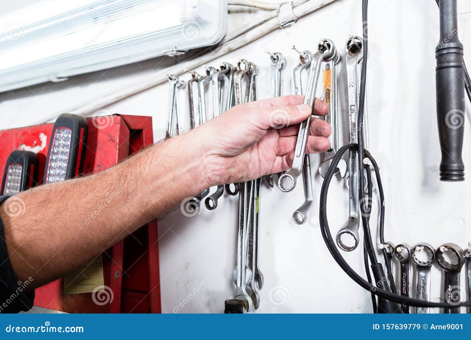 Auto Mechanic Taking Spanner from the Wall Stock Image - Image of handy ...