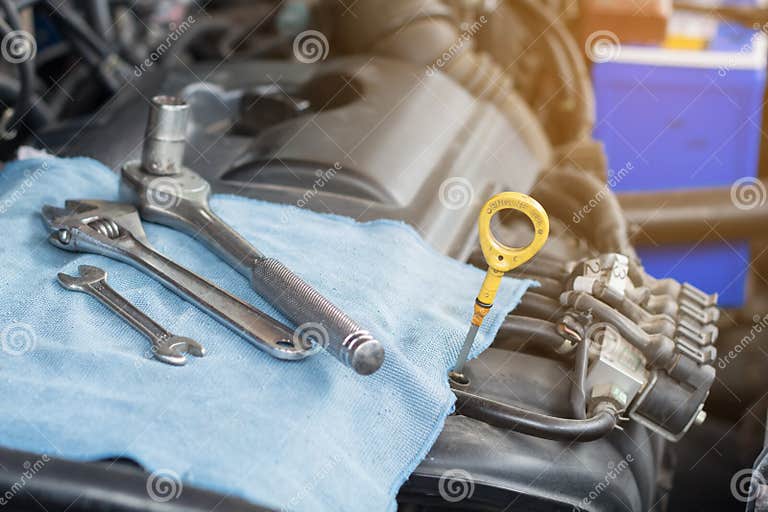 Auto Mechanic with Tool Working Check and Fixed an Old Car Engine at ...