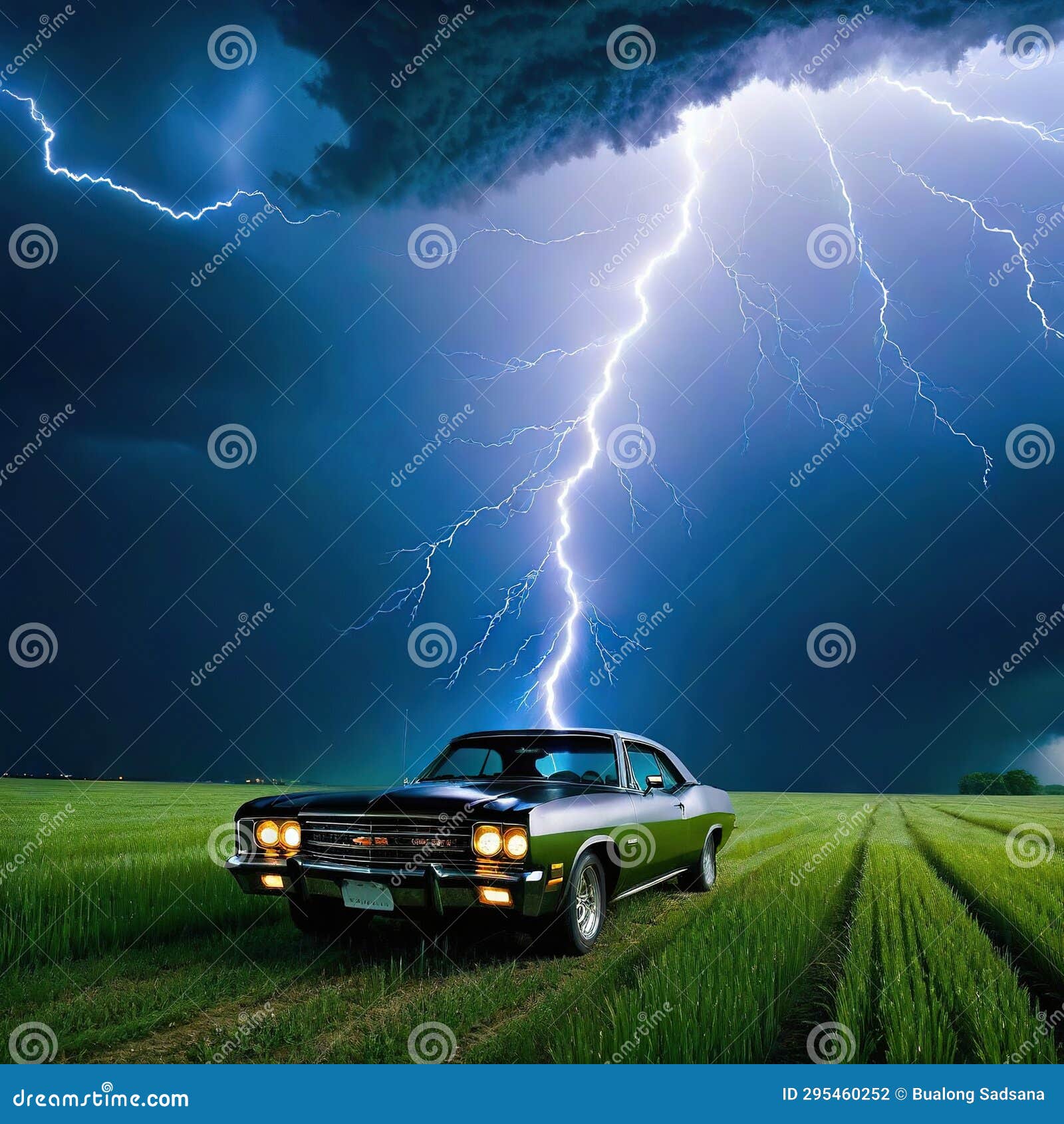 A Auto Standing in a Field in Front of a Lighning Dramatic Lightning ...