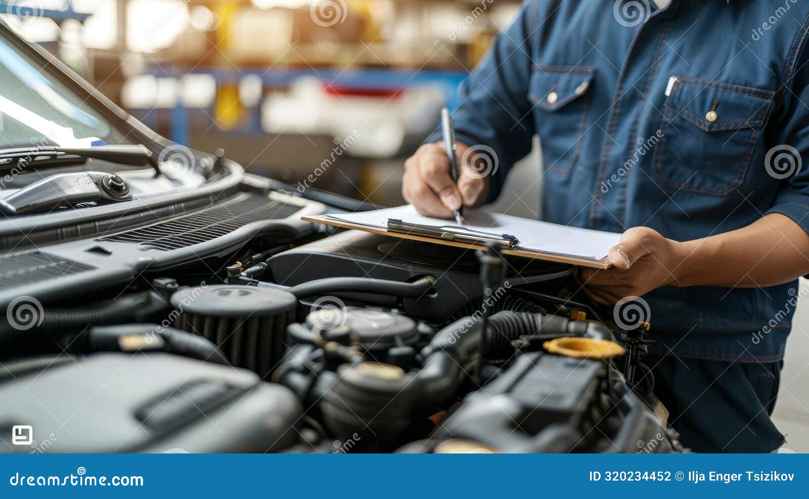 Auto Technician Drafts Car Maintenance List by Open Engine for Repair ...