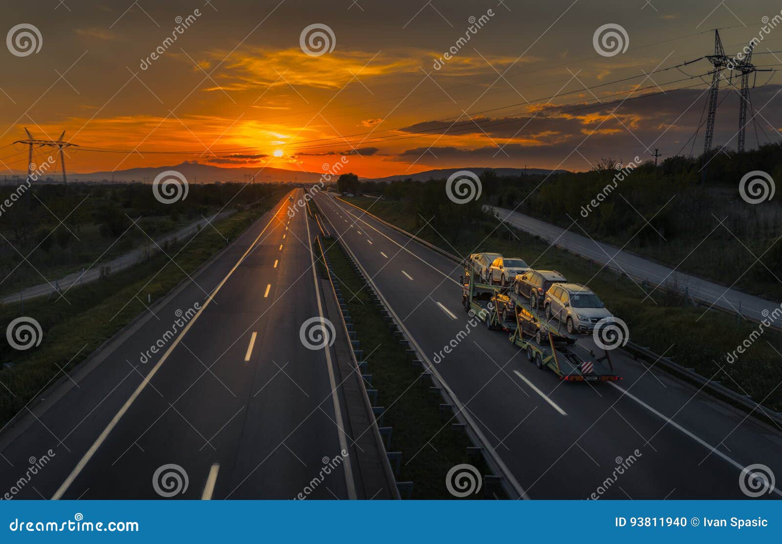 Auto Transporter Truck at Sunset Stock Photo - Image of motion, long ...