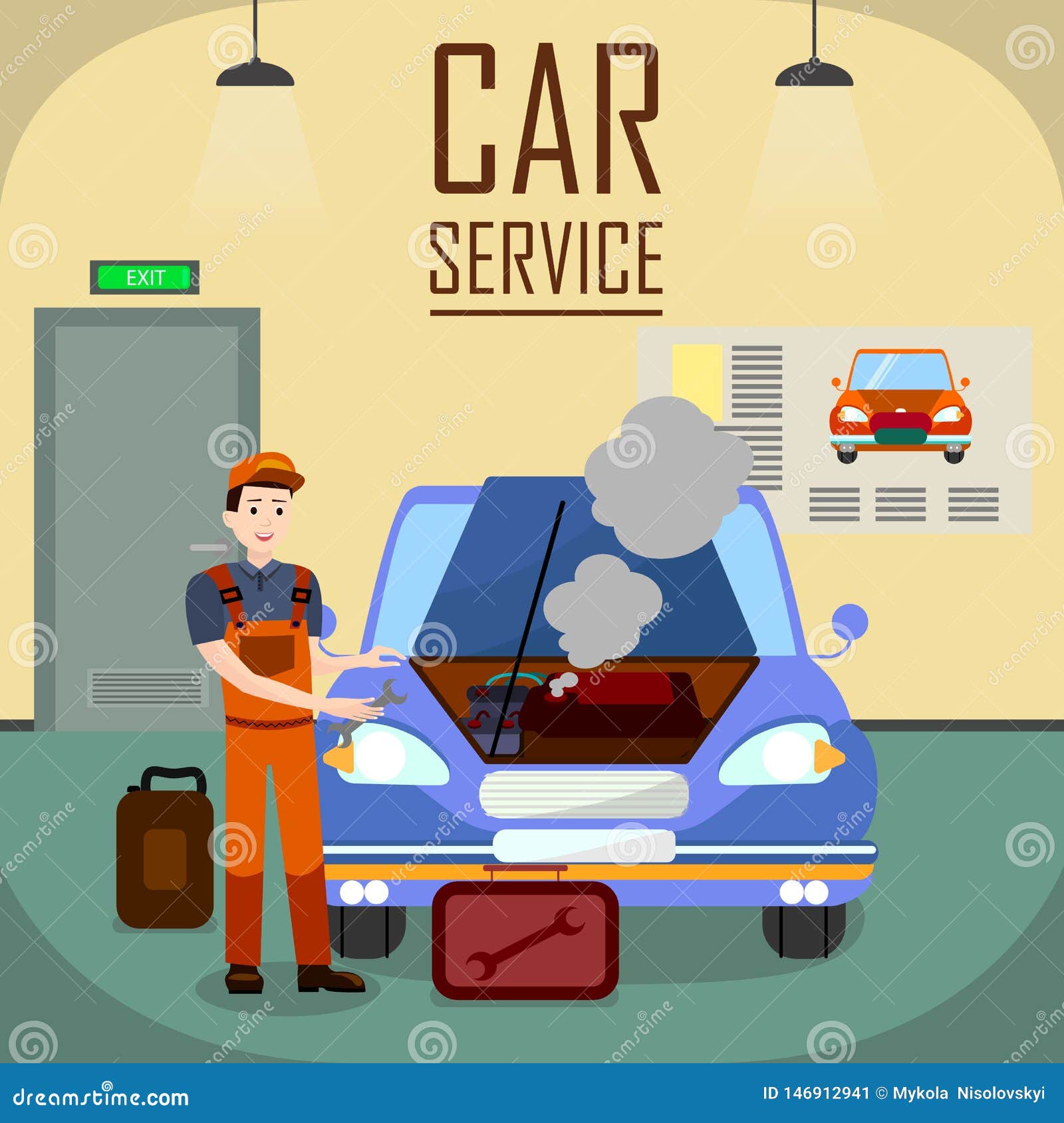 Auto Workshop Interior Vector Banner Template Stock Vector ...