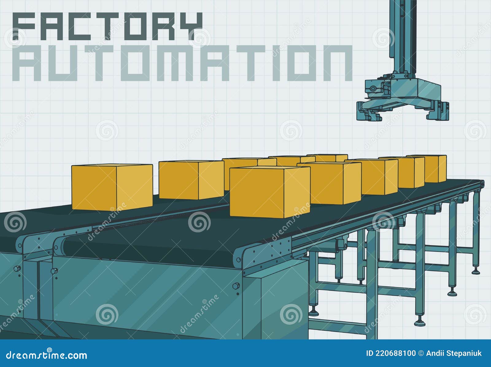 Automated Conveyor Line With Robotic Manipulator Retro Poster Cartoon ...