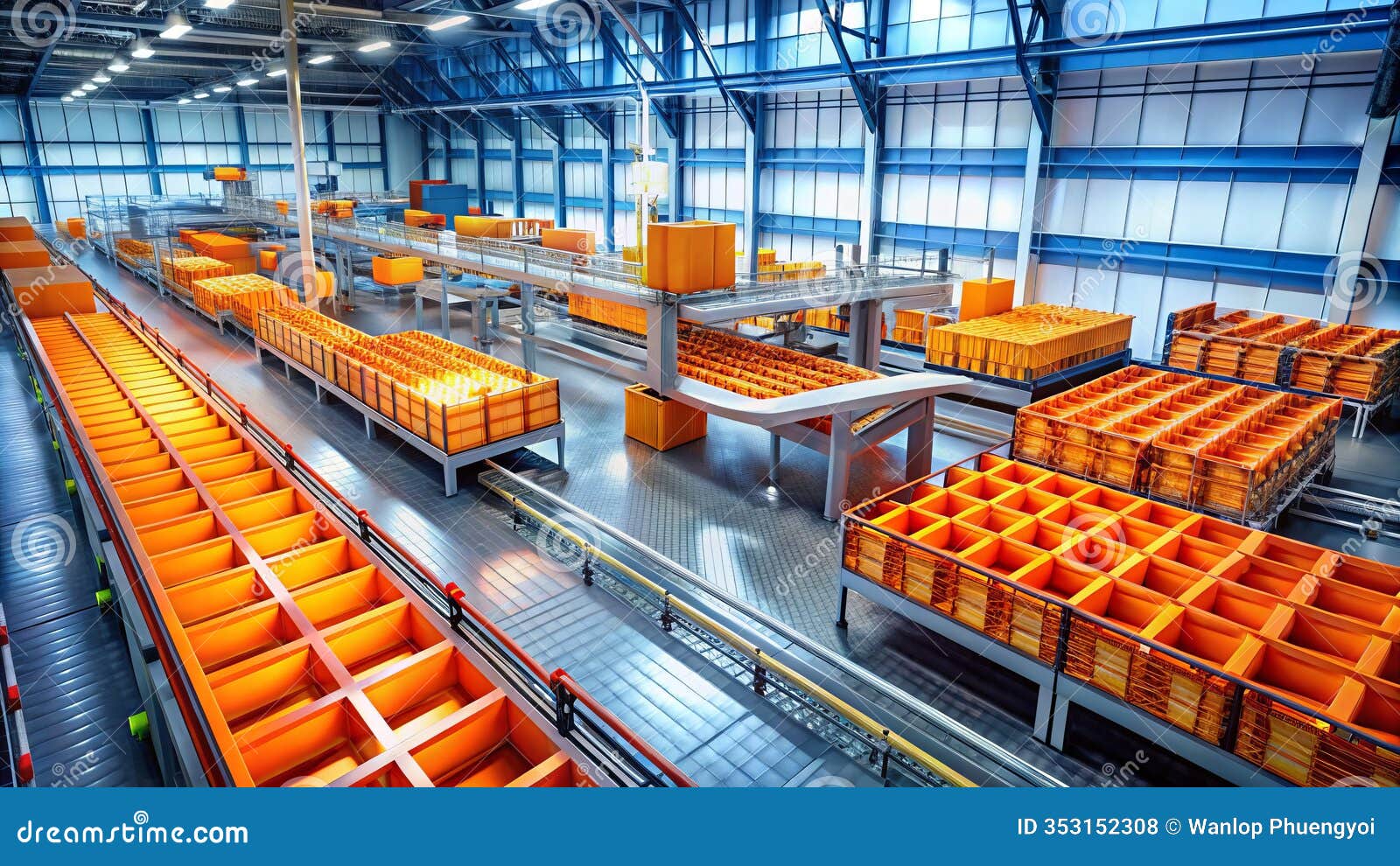 Automated Conveyor System with Empty Orange Plastic Crates in a Modern ...