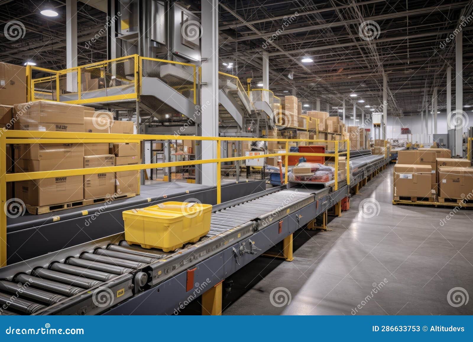 Automated Conveyor System Moving Boxes in Facility Stock Illustration ...