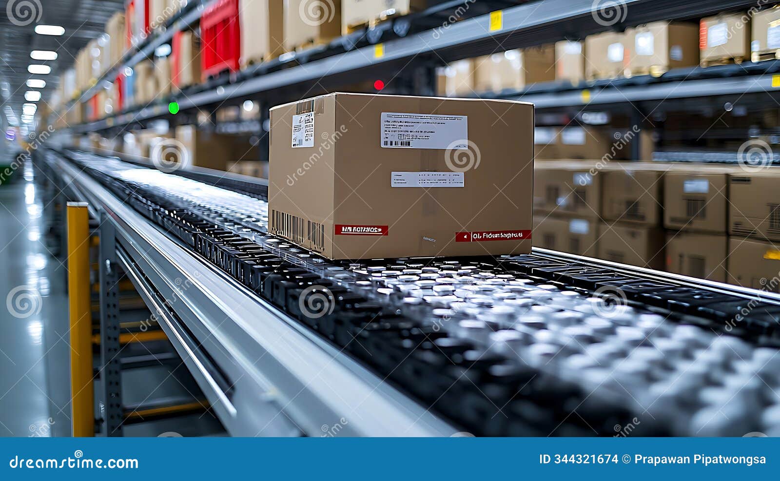 Automated Conveyor System Transporting Cardboard Box in Warehouse ...