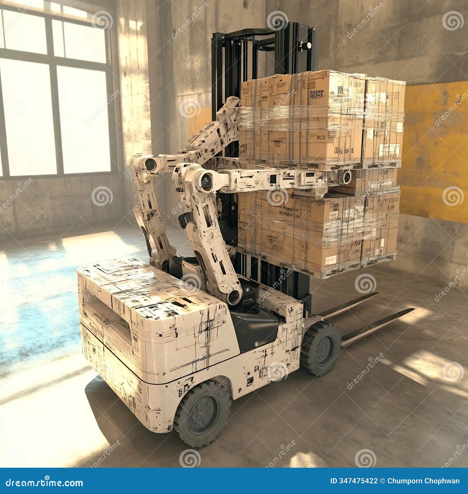 Automated Forklift Transporting Cargo Pallets in Warehouse Interior ...