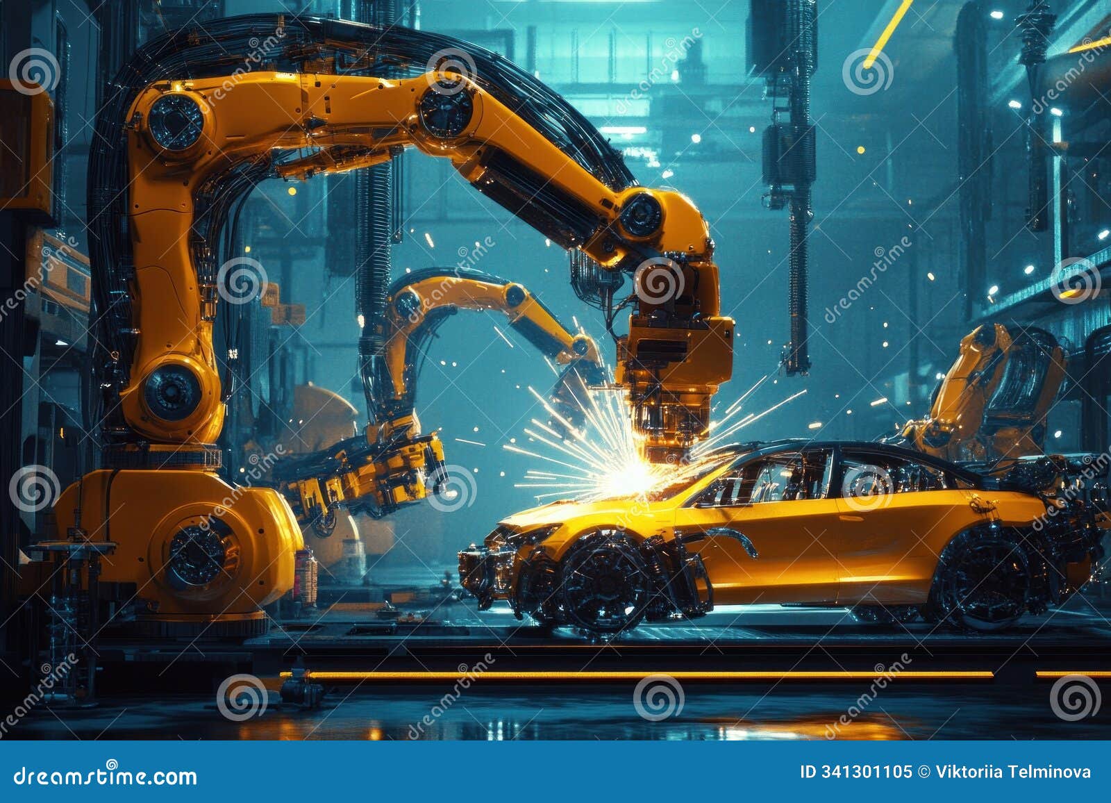 An Automated High-tech Industrial Robot Performs Welding in a Modern ...