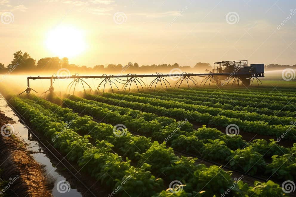 Automated Irrigation System Watering Plants on a Farm Stock Image ...