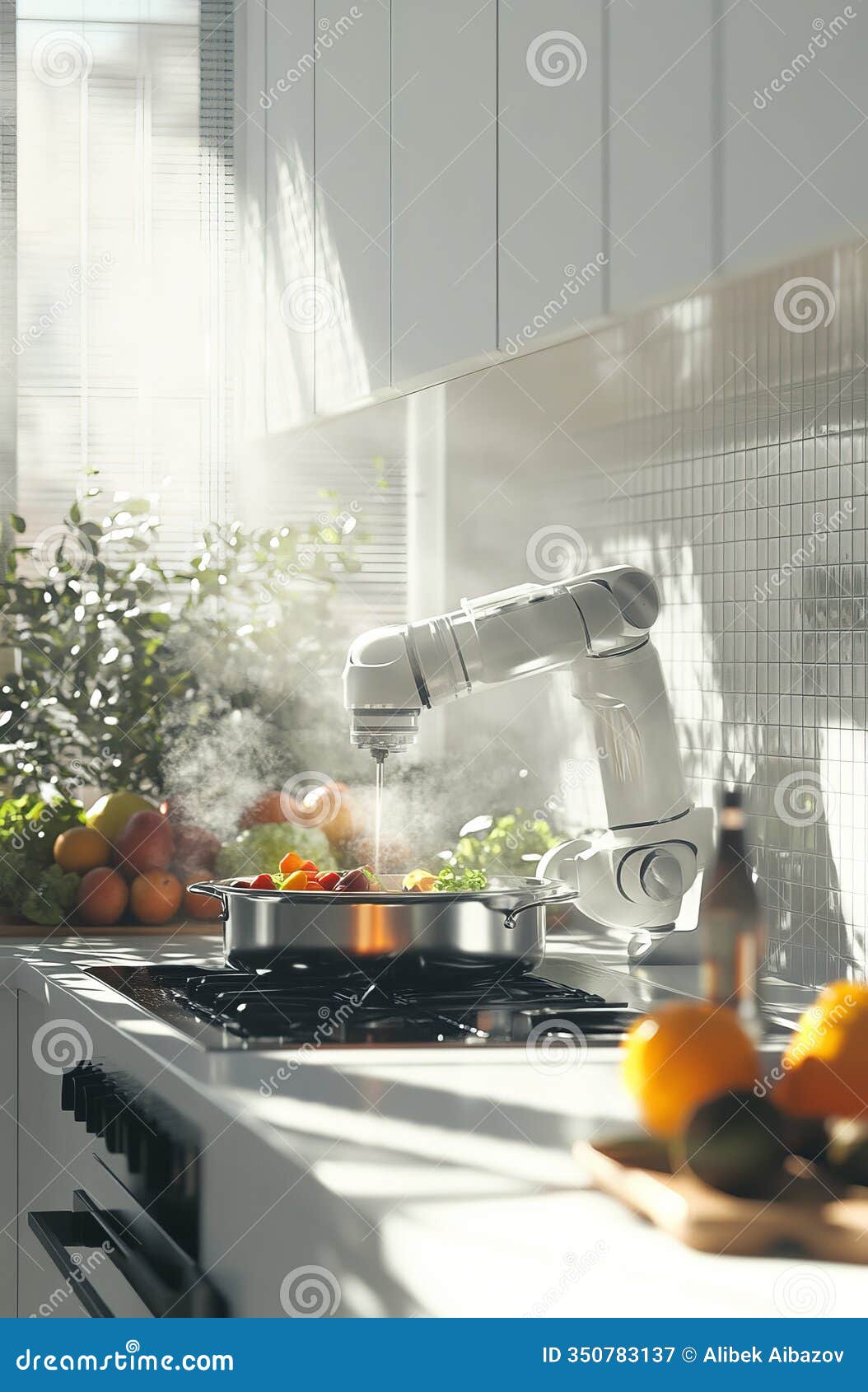Automated Kitchen Robot Cooking Vegetables in Modern Sunlit Kitchen ...