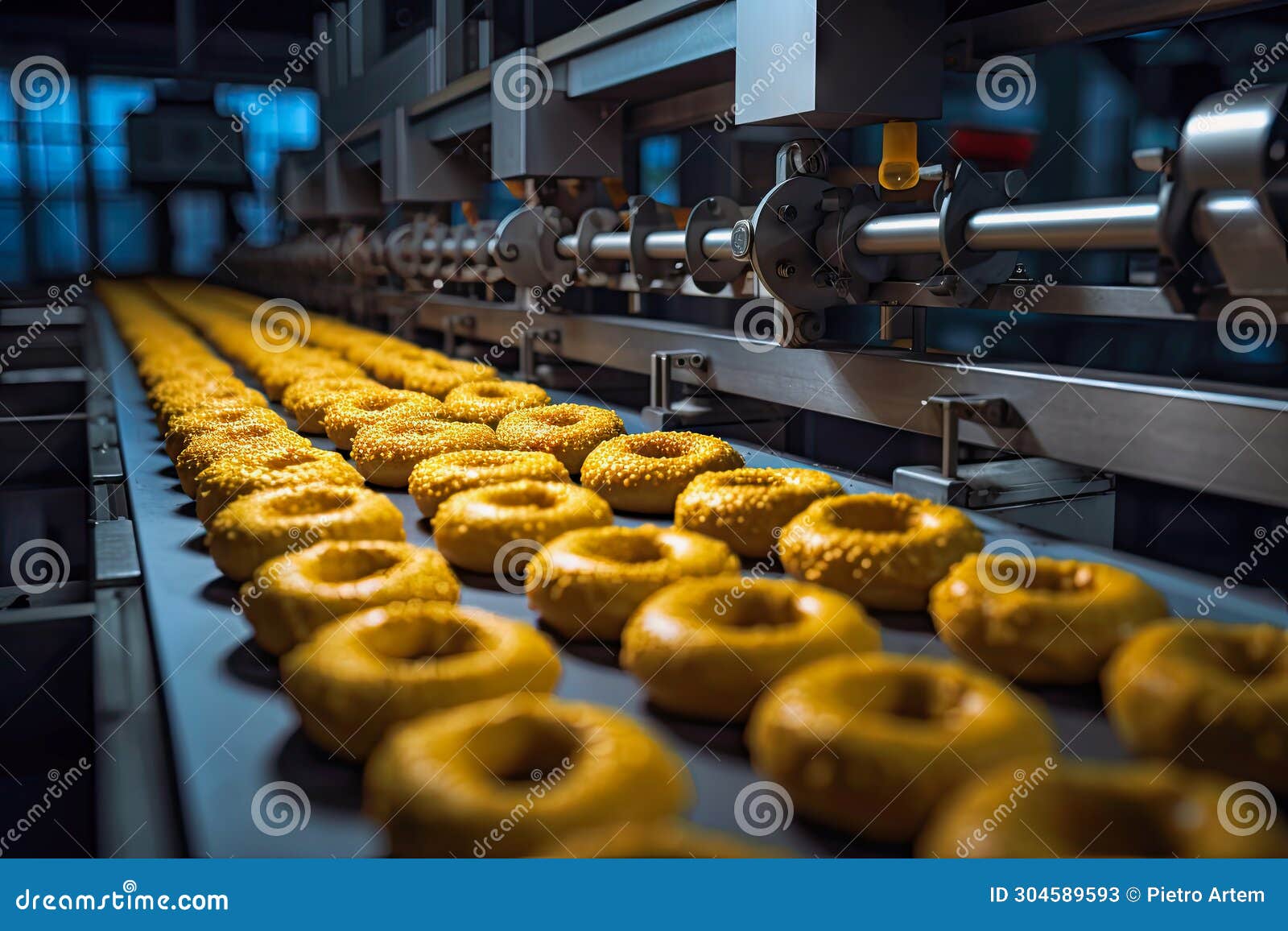 An Automated Line Manufacturing Doughnuts Using Stock Image - Image of ...