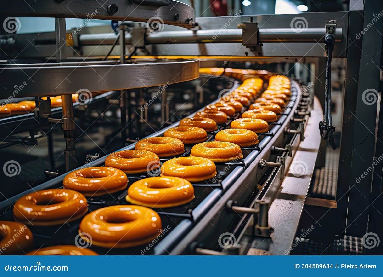An Automated Line Manufacturing Doughnuts Using Stock Photo - Image of ...