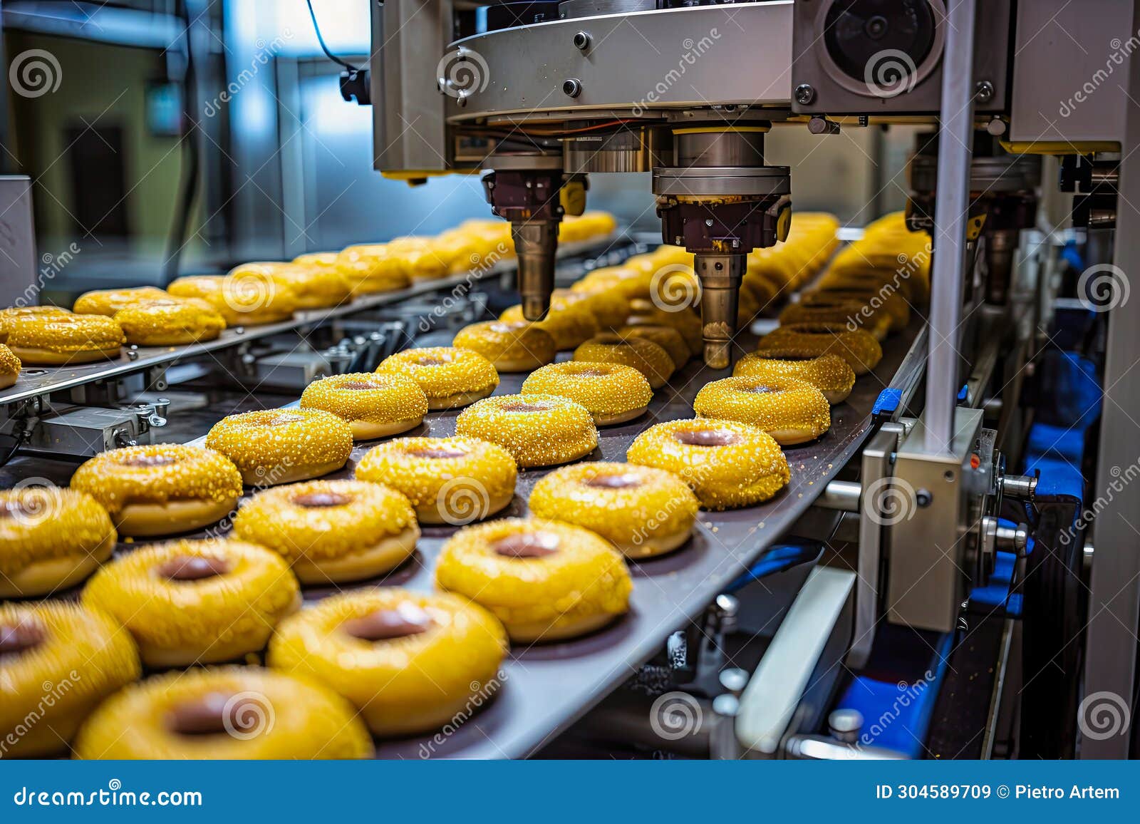 An Automated Line Manufacturing Doughnuts Using Stock Image - Image of ...