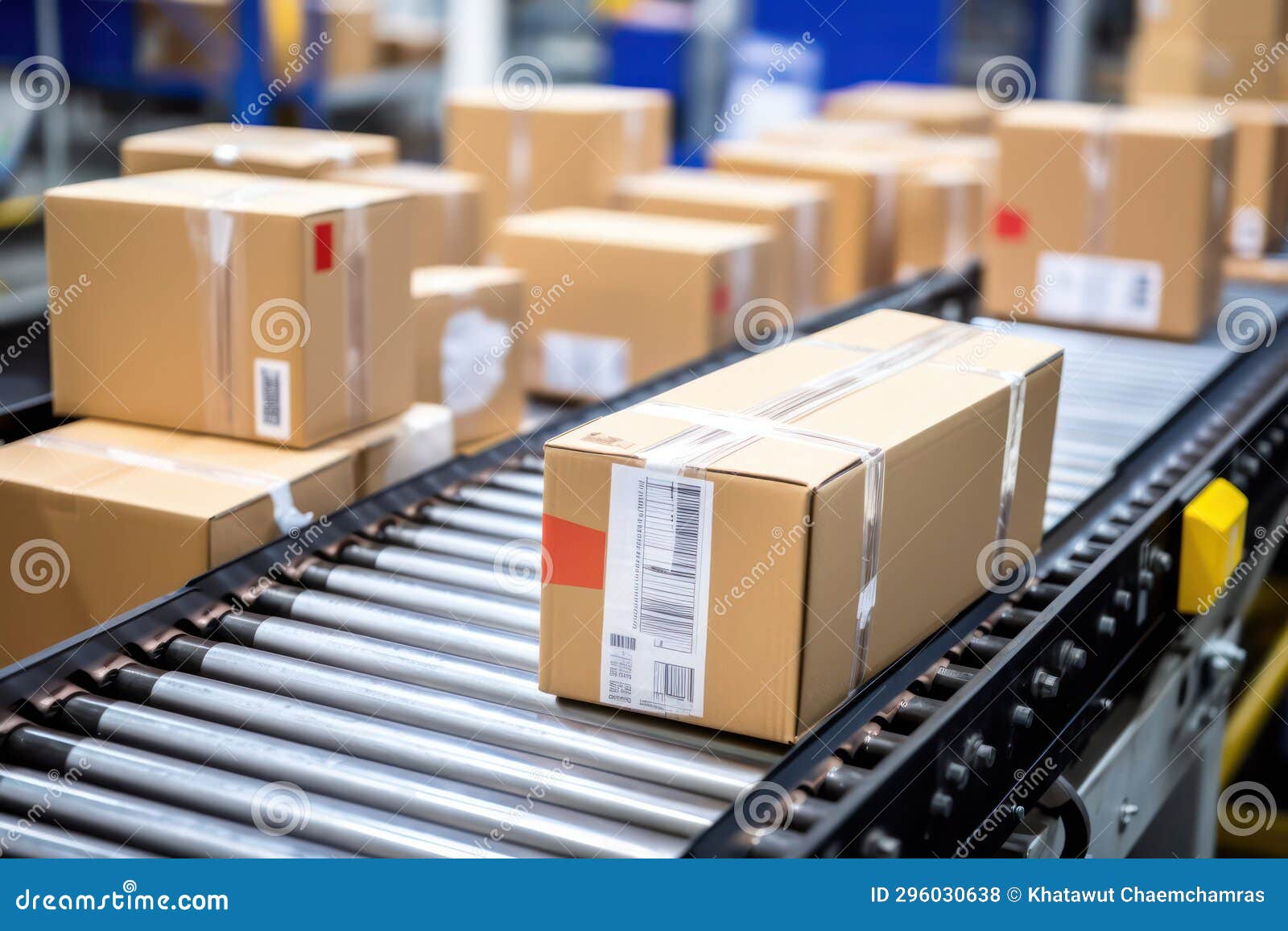 Automated Logistics, Barcode-Labeled Boxes on Conveyor Belt Stock ...