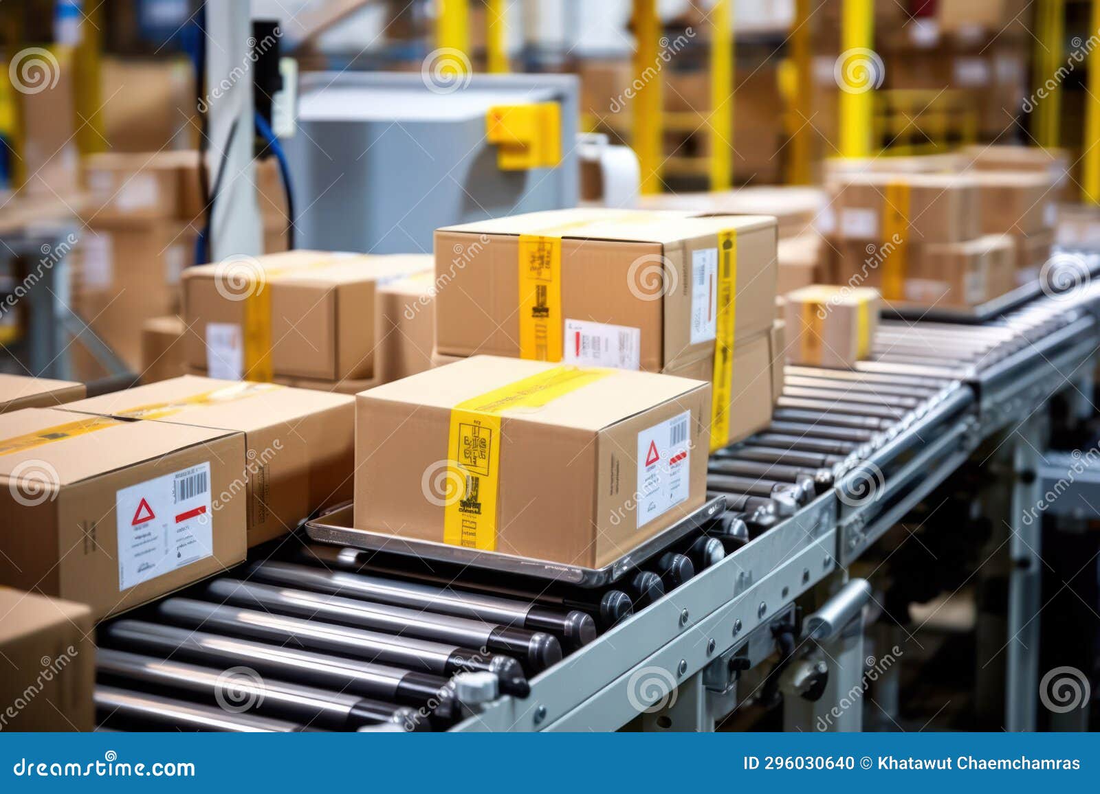 Automated Logistics, Barcode-Labeled Boxes on Conveyor Belt Stock ...