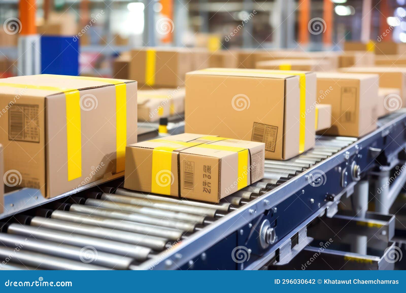 Automated Logistics, Barcode-Labeled Boxes on Conveyor Belt Stock ...