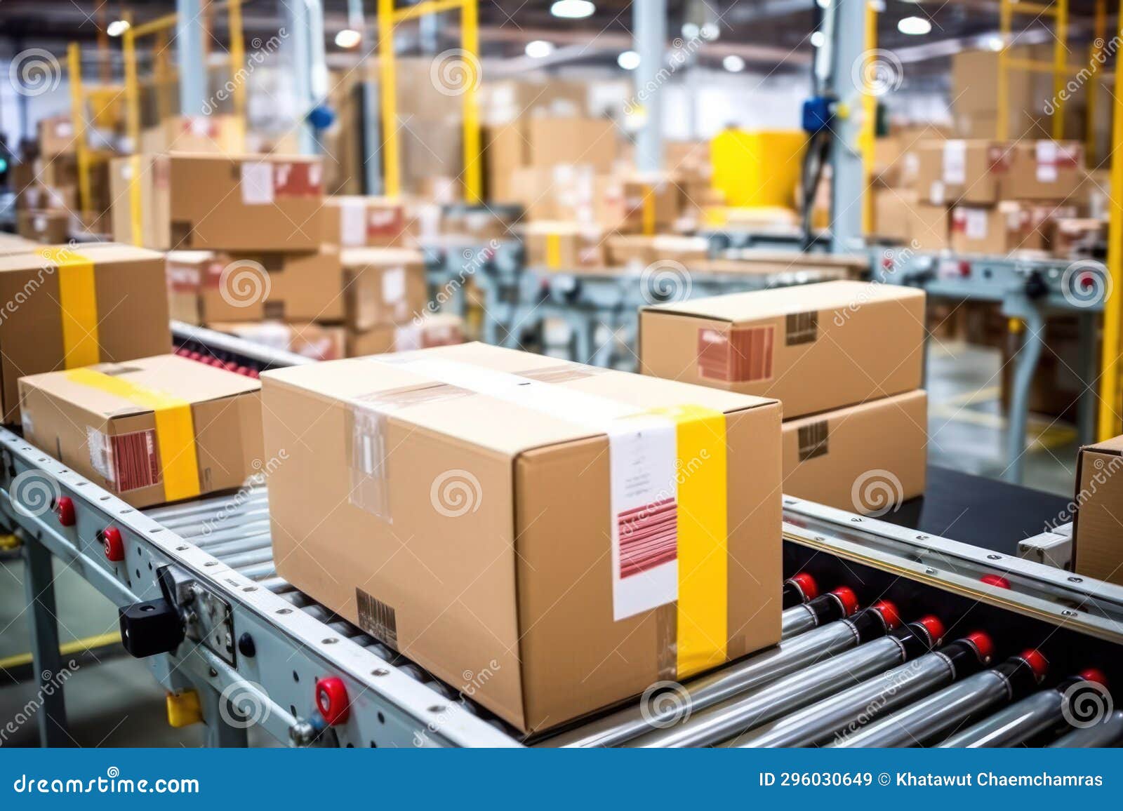 Automated Logistics, Barcode-Labeled Boxes on Conveyor Belt Stock ...