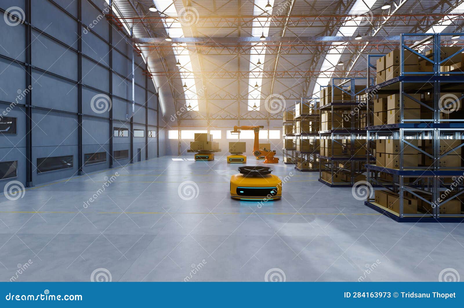 Automated Machine Transferring Box in Warehouse Stock Illustration ...