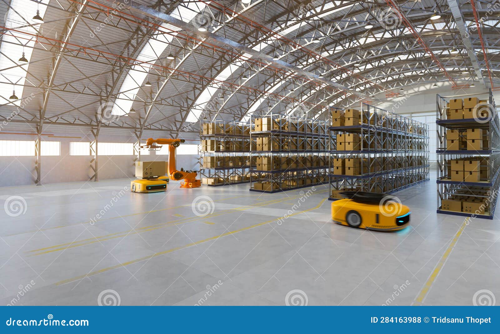 Automated Machine Transferring Box in Warehouse Stock Illustration ...