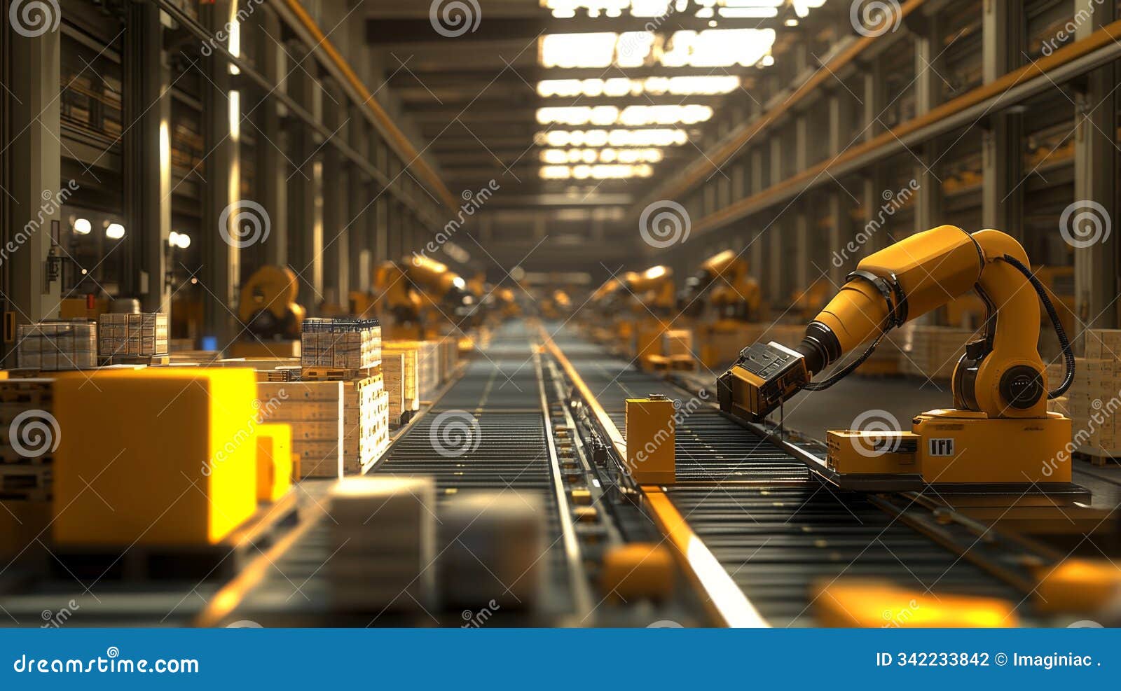 Automated Manufacturing Line with Robotic Arm Moving Boxes Stock ...