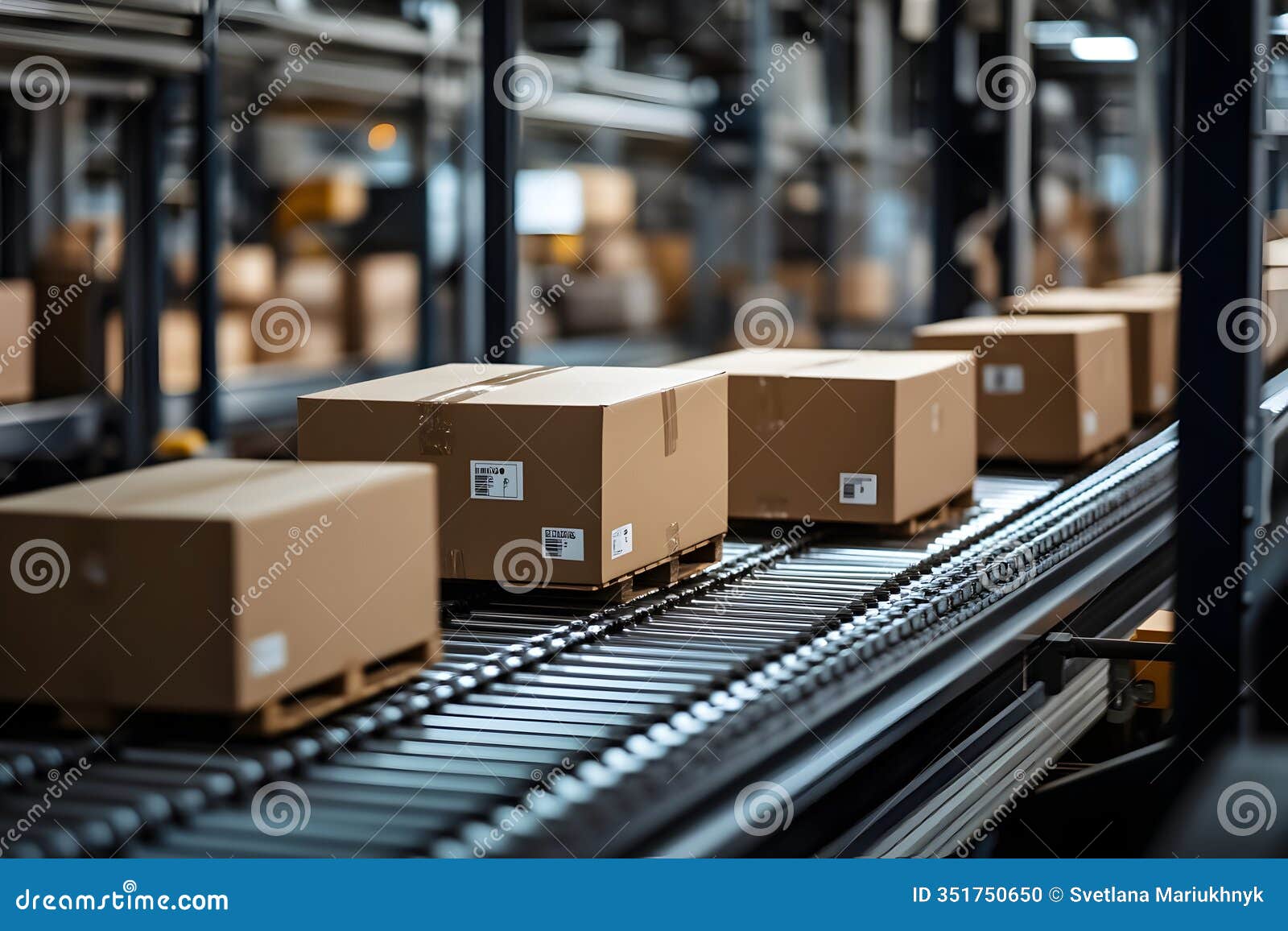 Automated Packaging Process with Boxes on Conveyor in a Logistics and ...