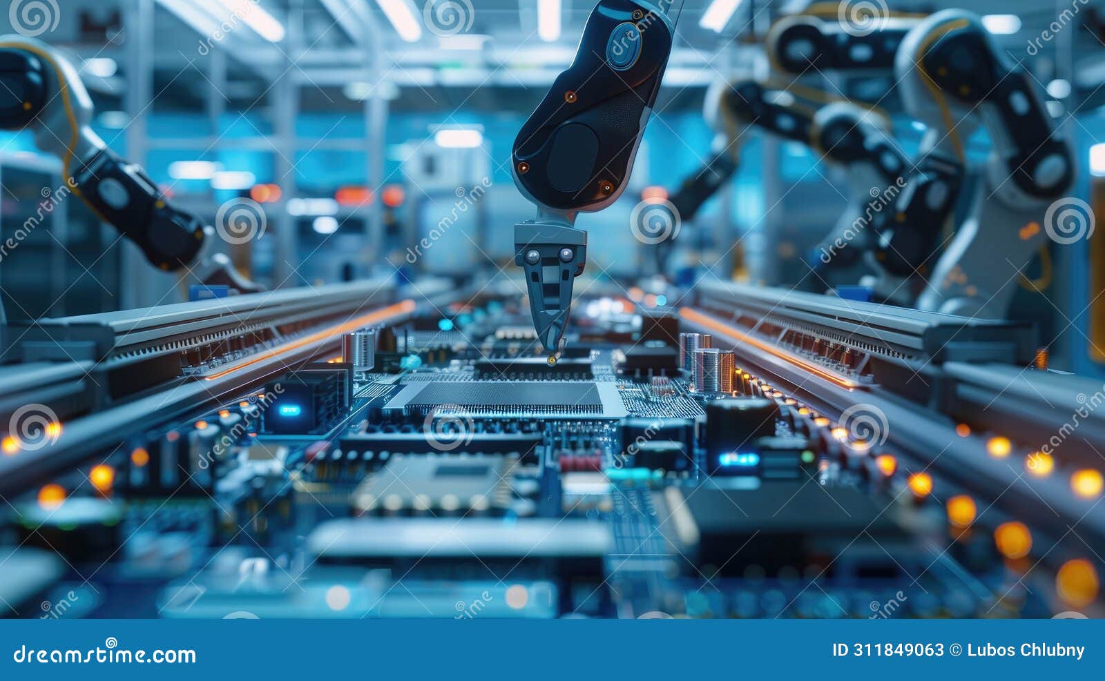 Automated PCB Assembly Line. Conveyor with Robotic Arms in Electronics ... Automated PCB Assembly Line. Conveyor with Robotic Arms in Electronics ...