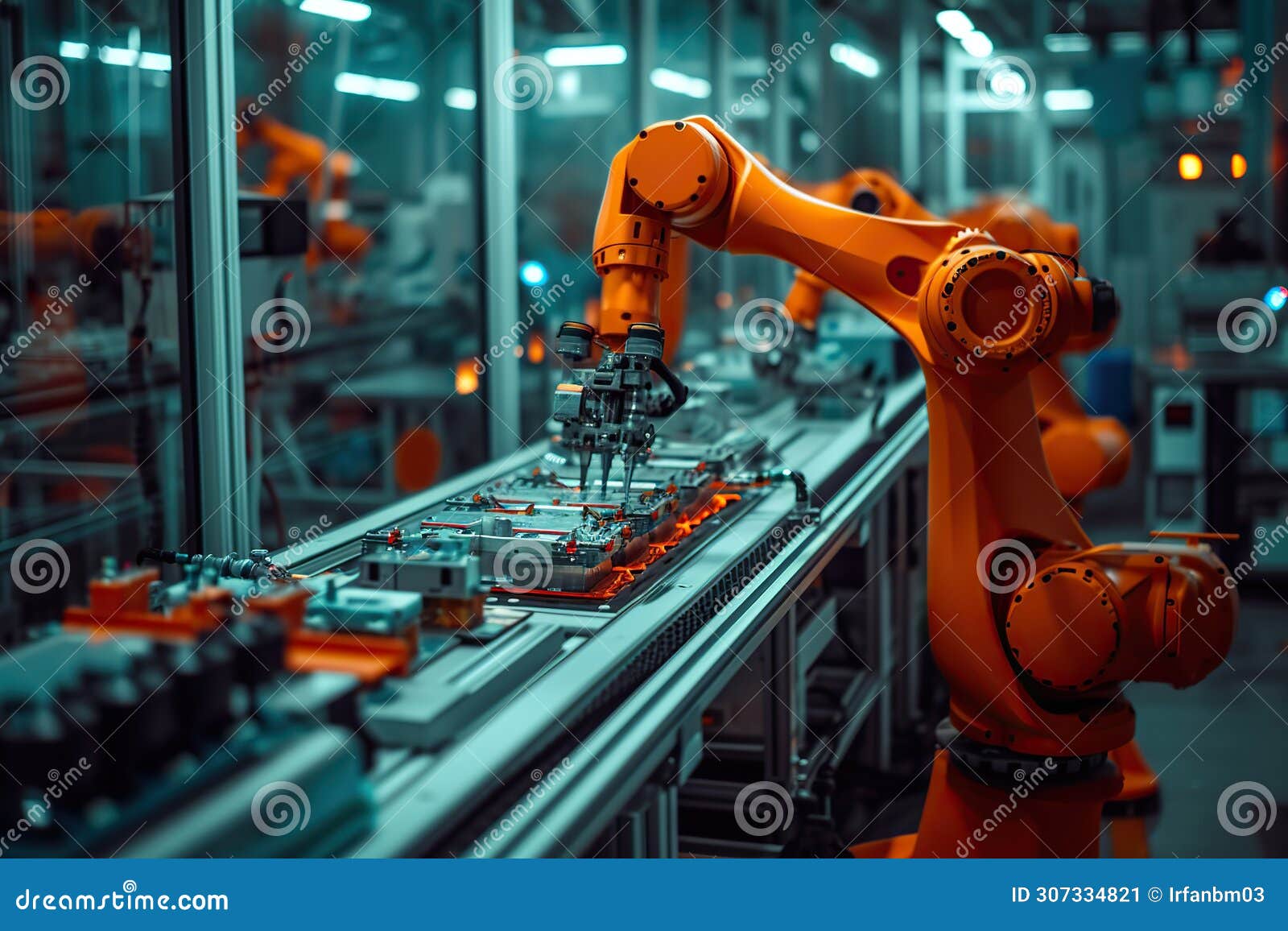 Automated Processes with Robotic Arms Assembling Complex Components in a High-tech Factory Stock ...