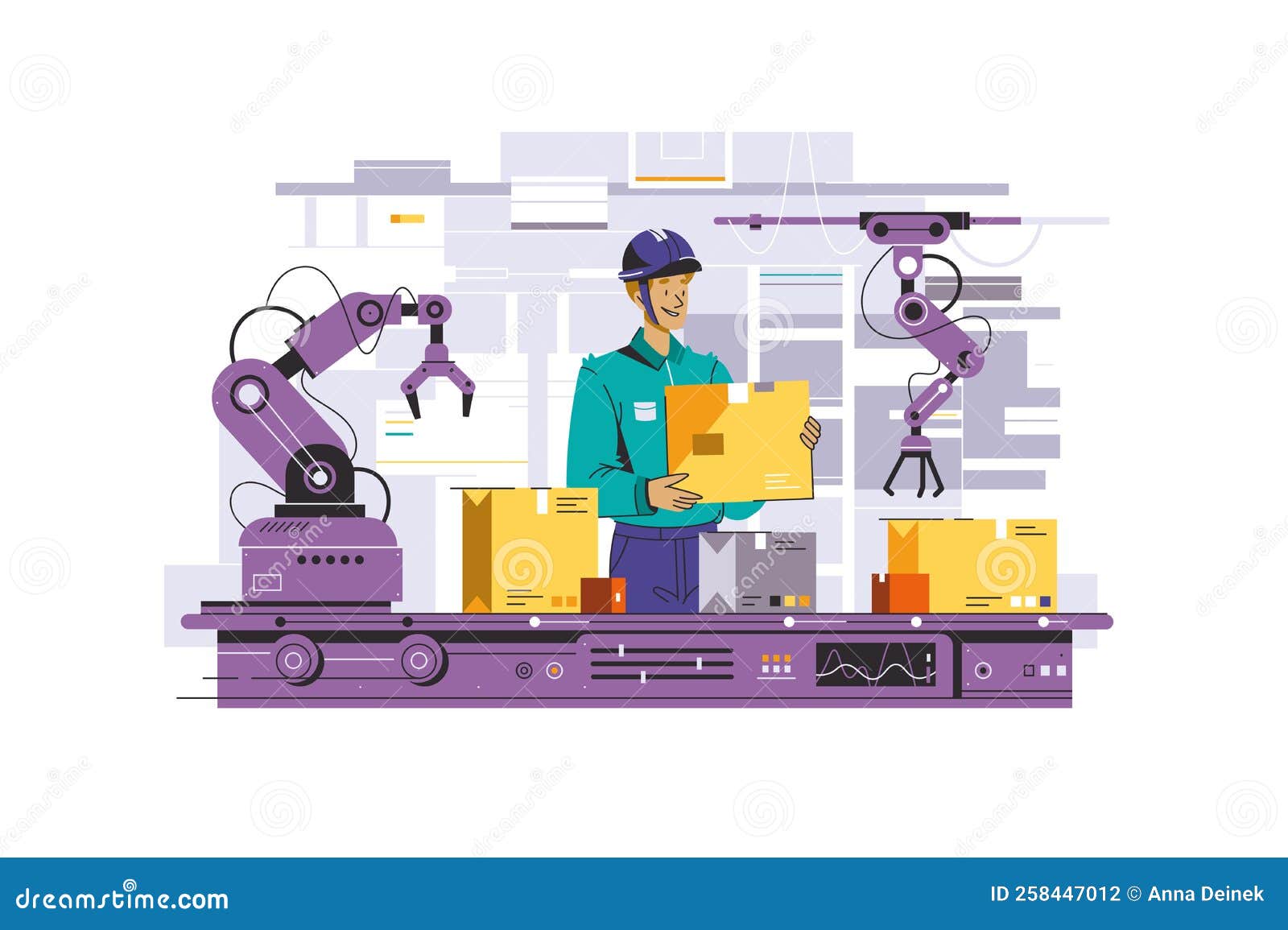 Automated Production Line on Factory, Man Working Stock Vector ...