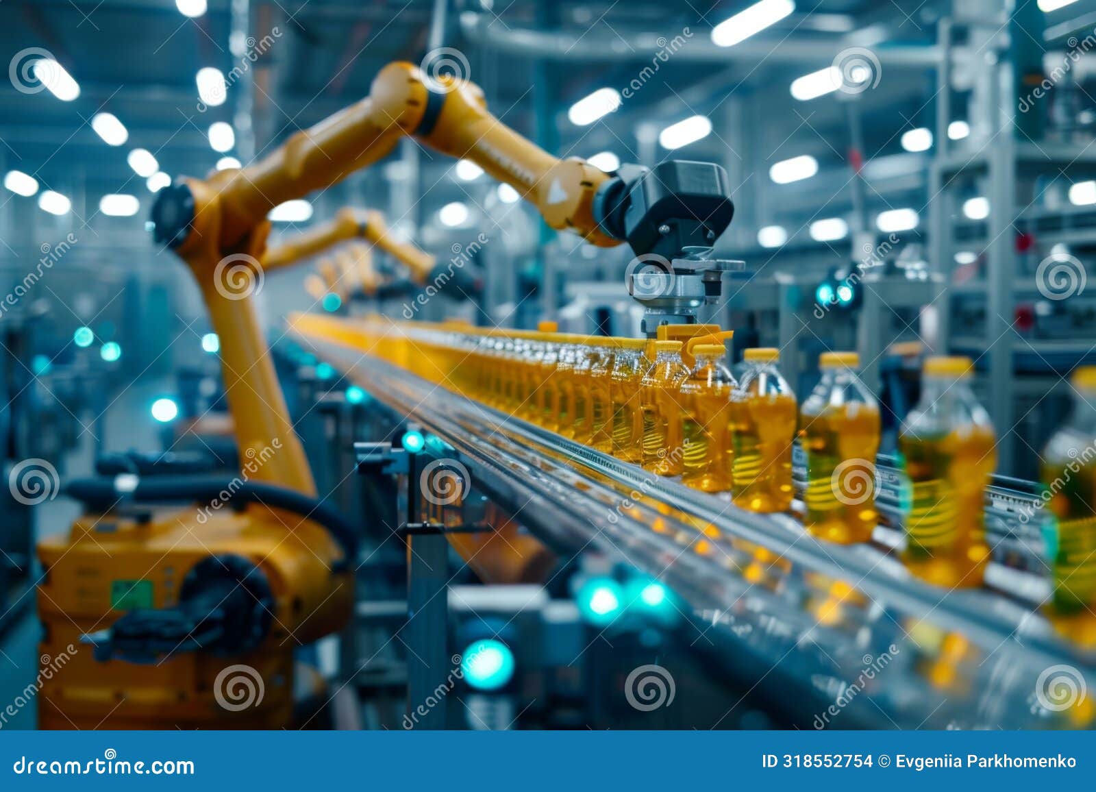 Automated Robot Arm in Modern Bottle Packaging Assembly Line Stock ...