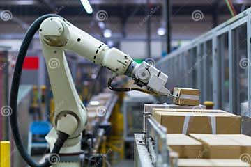 Automated Robot Arm Sorting Packages in Factory Stock Illustration ...