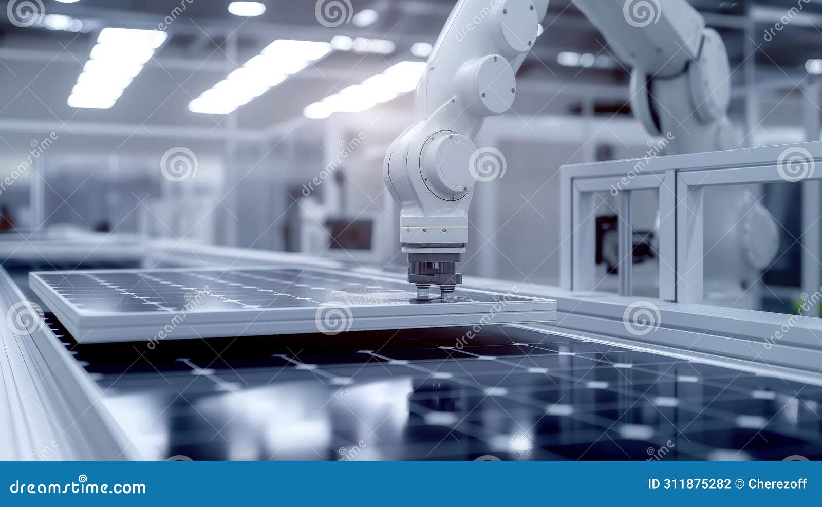 Industrial Robot Arm Working on Solar Panel Assembly Stock Photo ...